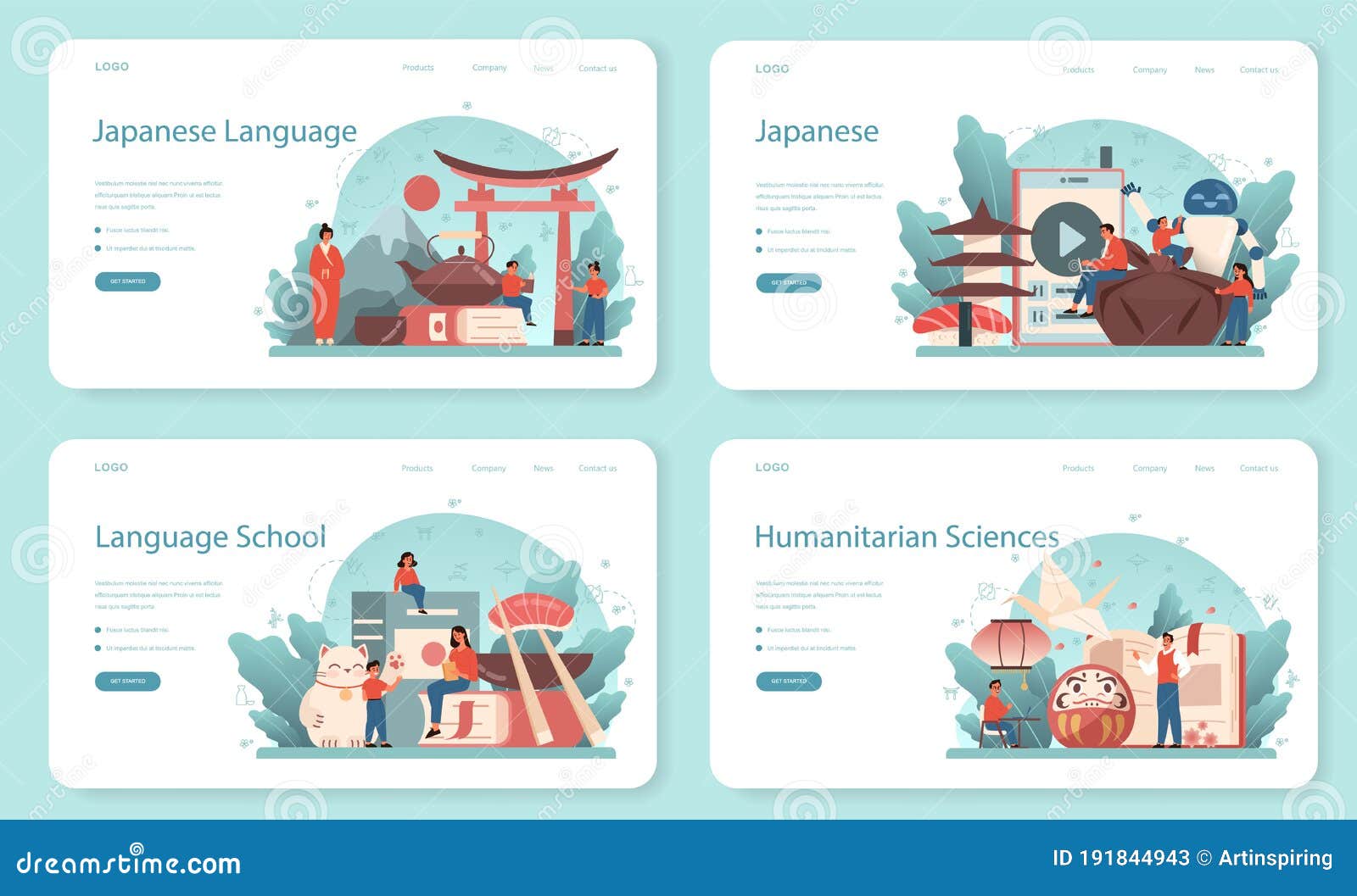 Japanese Learning Web Banner or Landing Page Set. Language School Stock ...