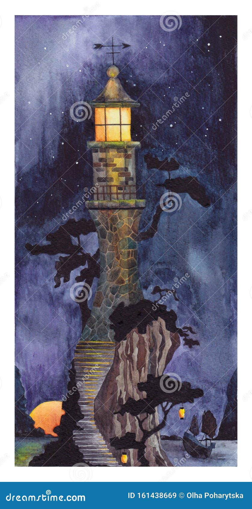 Japanese Lighthouse in the Night. Stock Illustration - Illustration of ...