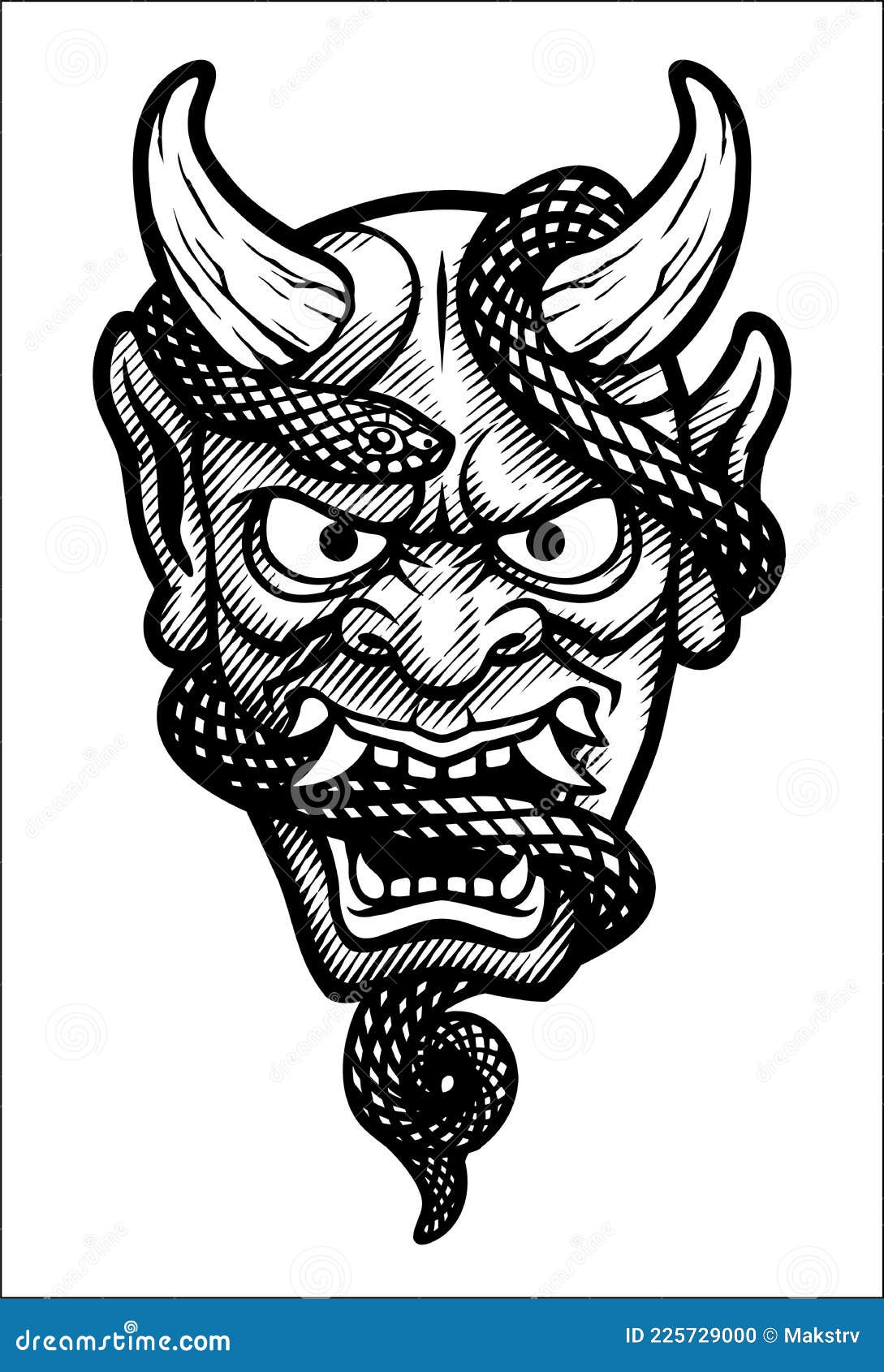Japanese Mask of a Demon with a Snake. Vector Illustration. Stock ...