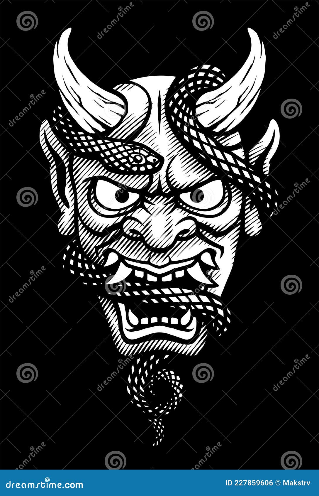 Japanese Mask of a Demon with a Snake. Vector Illustration. Stock ...