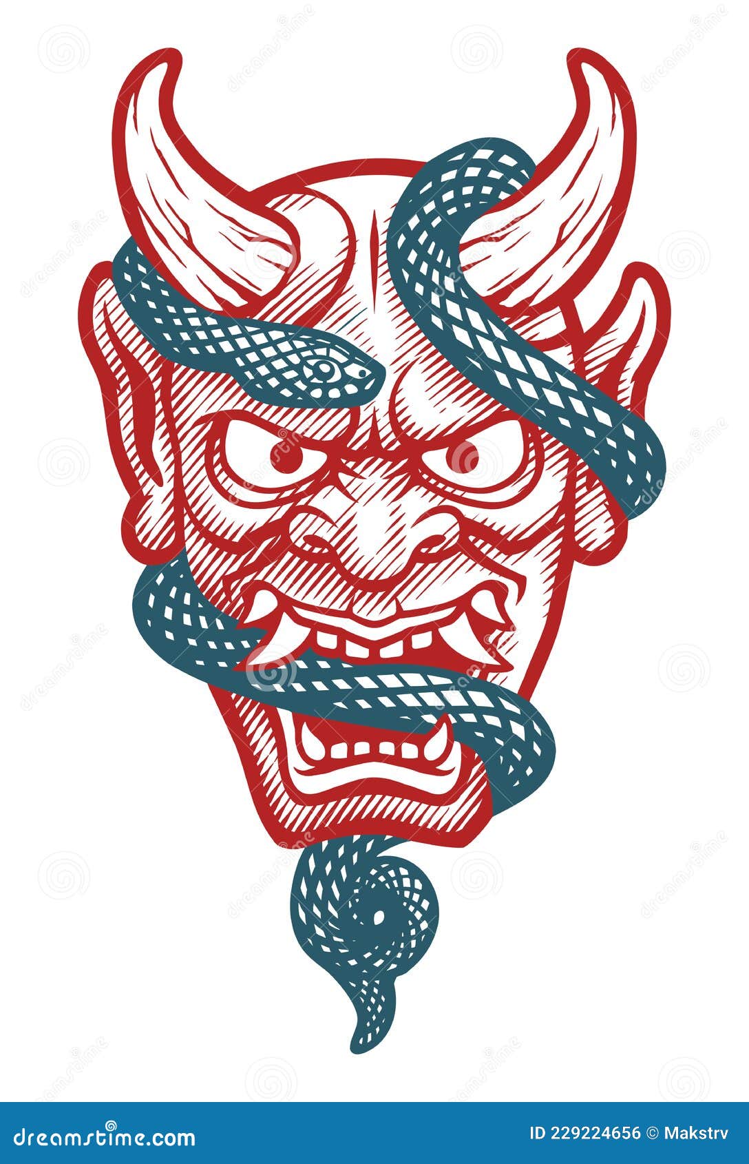Japanese Mask of a Demon with a Snake. Vector Illustration. Stock ...