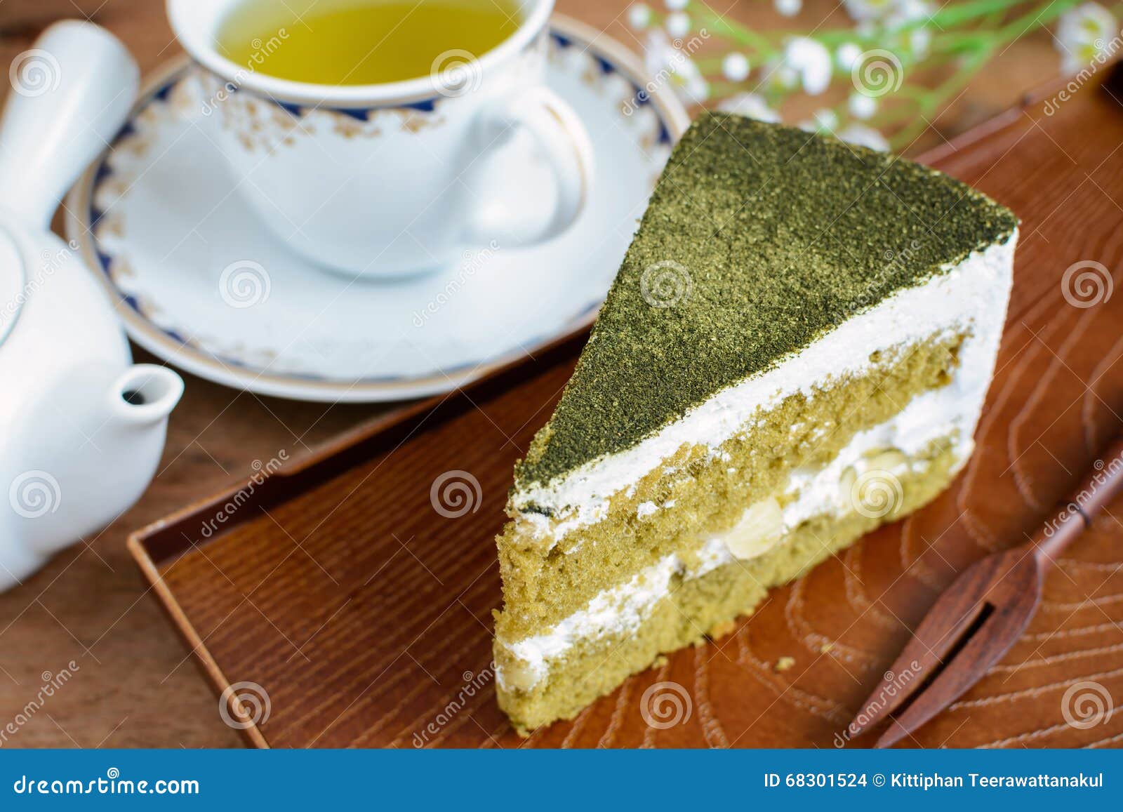 Japanese Matcha Green Tea Cake with Cup of Tea Stock Photo - Image of ...