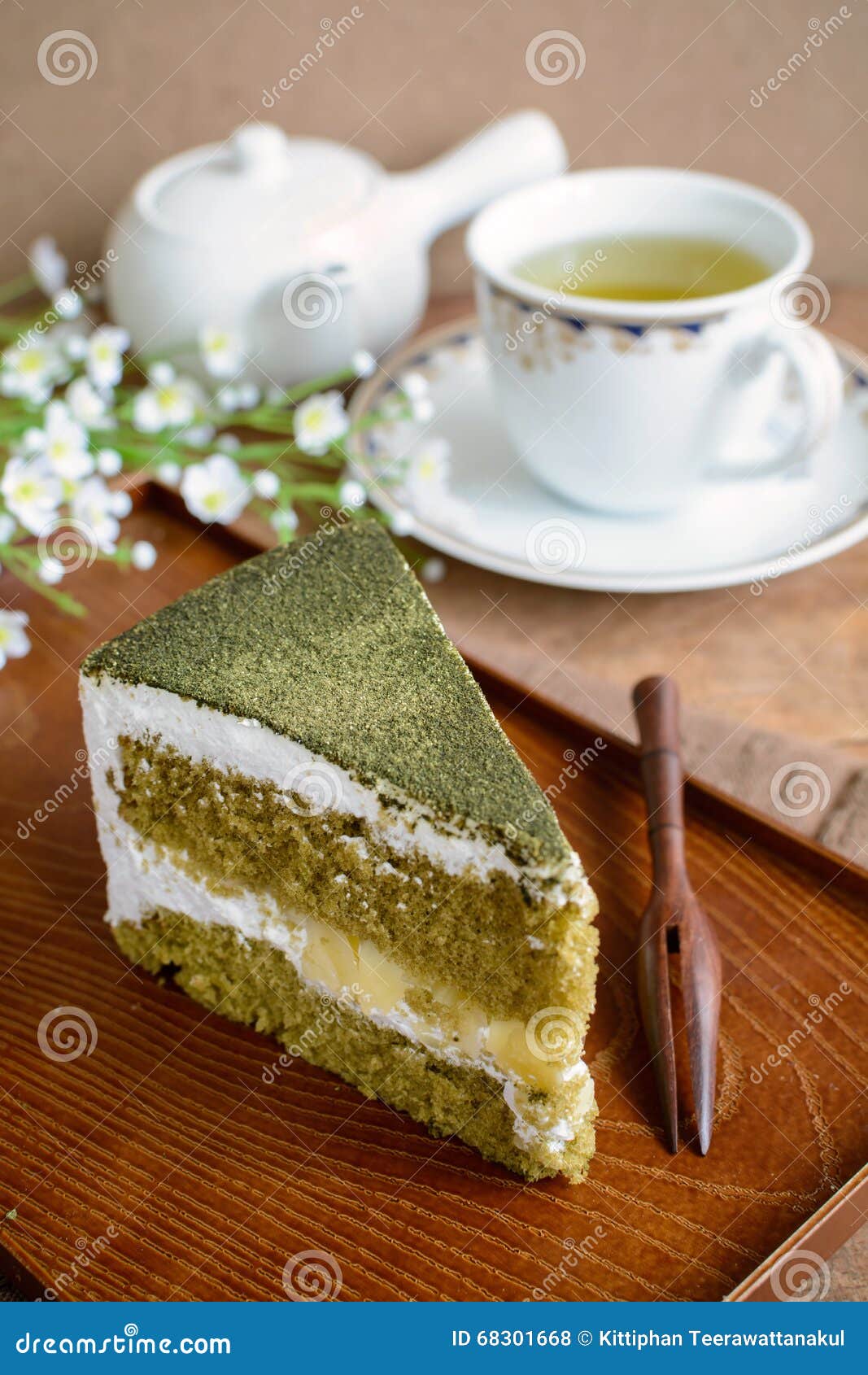 Japanese Matcha Green Tea Cake with Cup of Tea Stock Photo - Image of ...