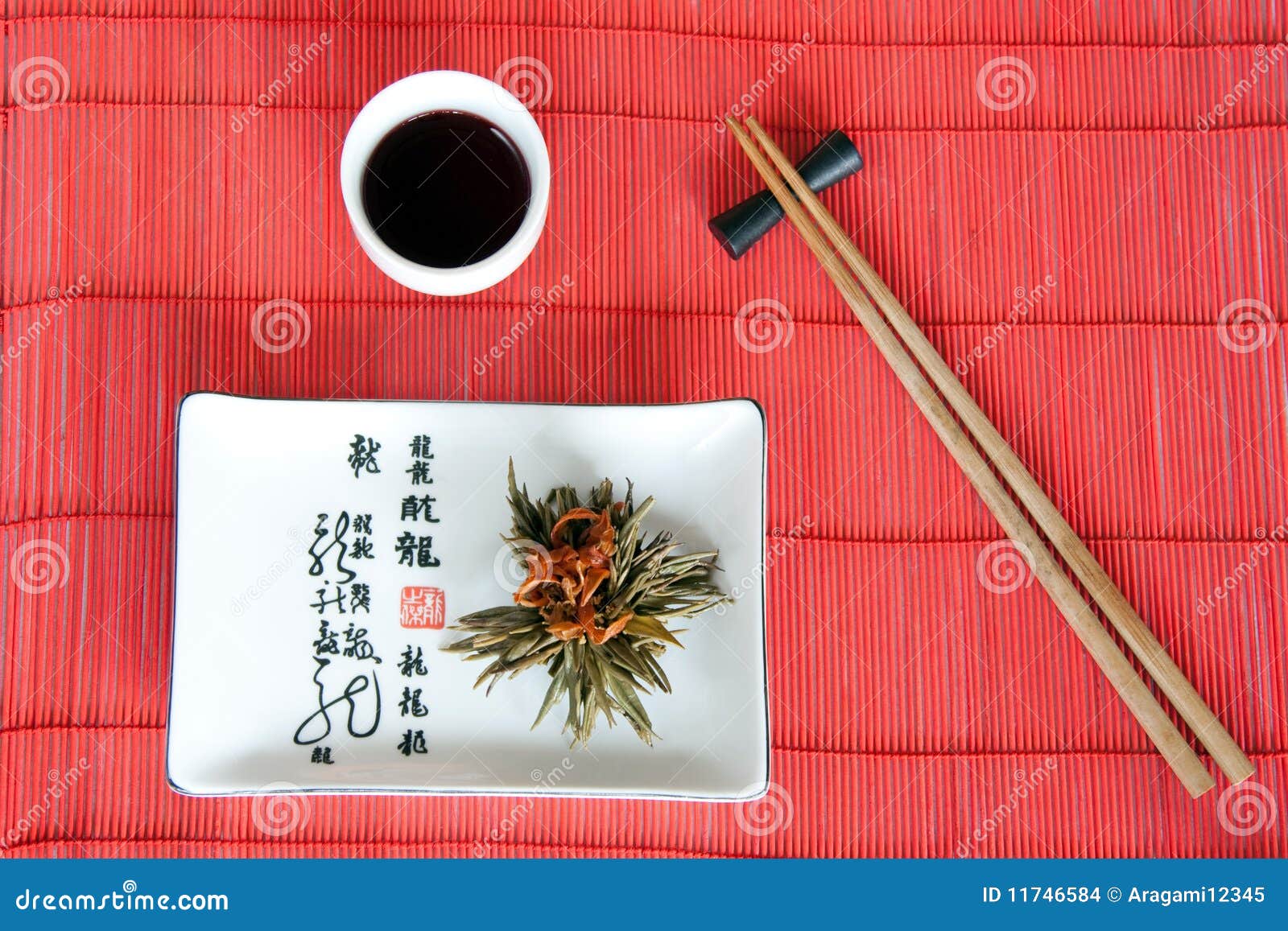 Japanese Meals on Red Mat with Sticks Stock Photo - Image of glass ...