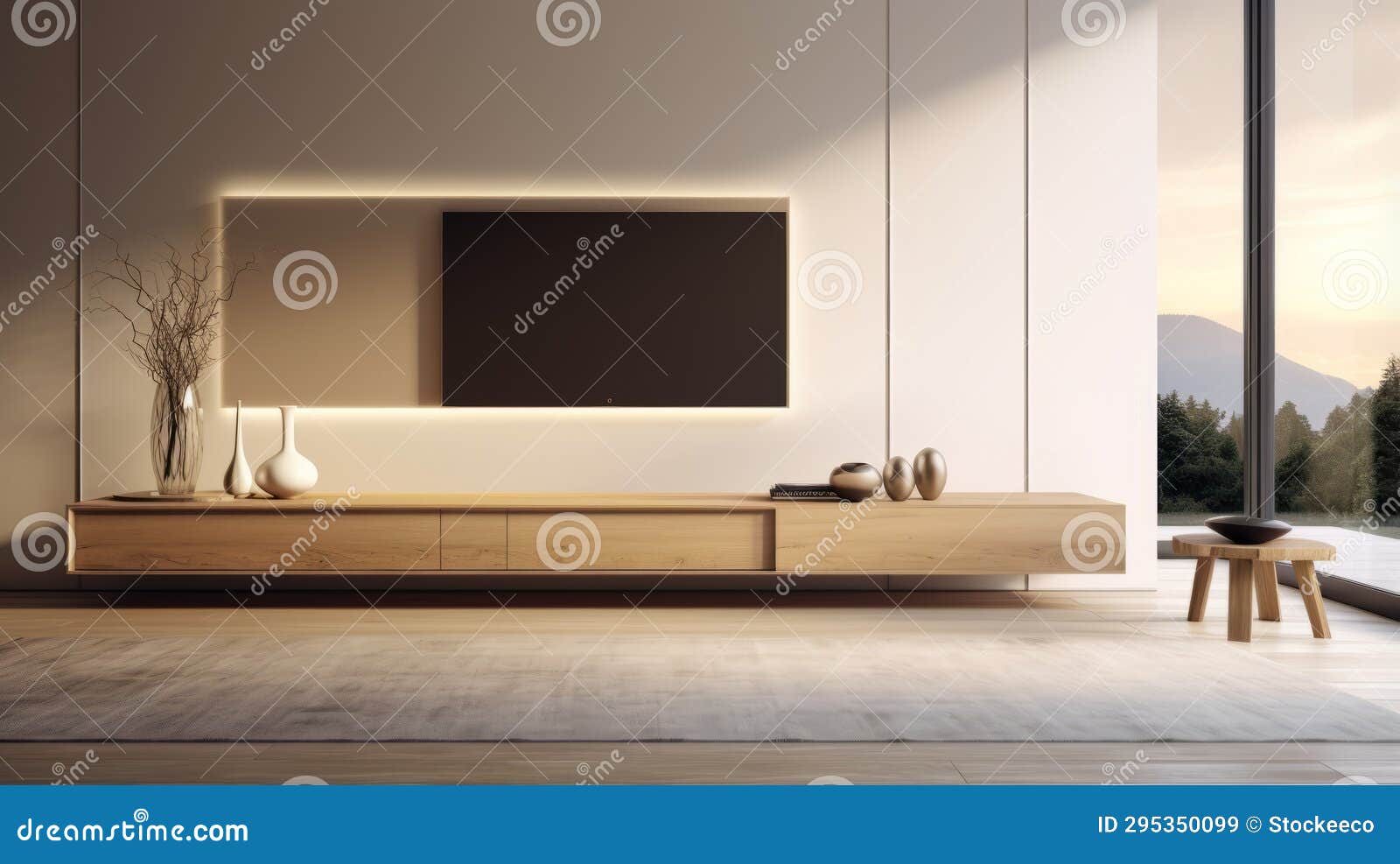 Japanese Minimalism: Wall Mounted Tv Unit with Mirror - 3d Render Image ...
