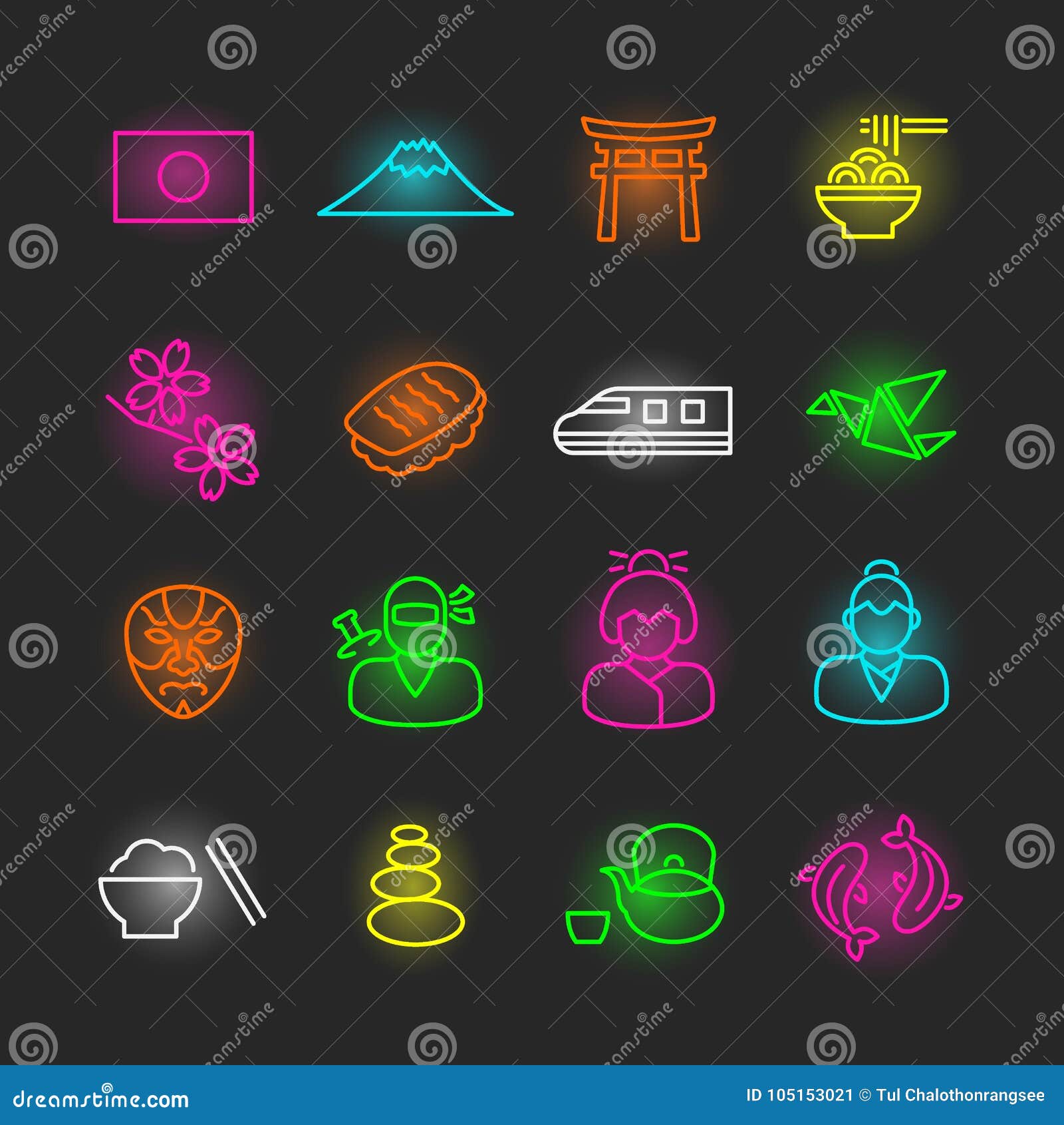 Japanese neon icon set stock vector. Illustration of night - 105153021