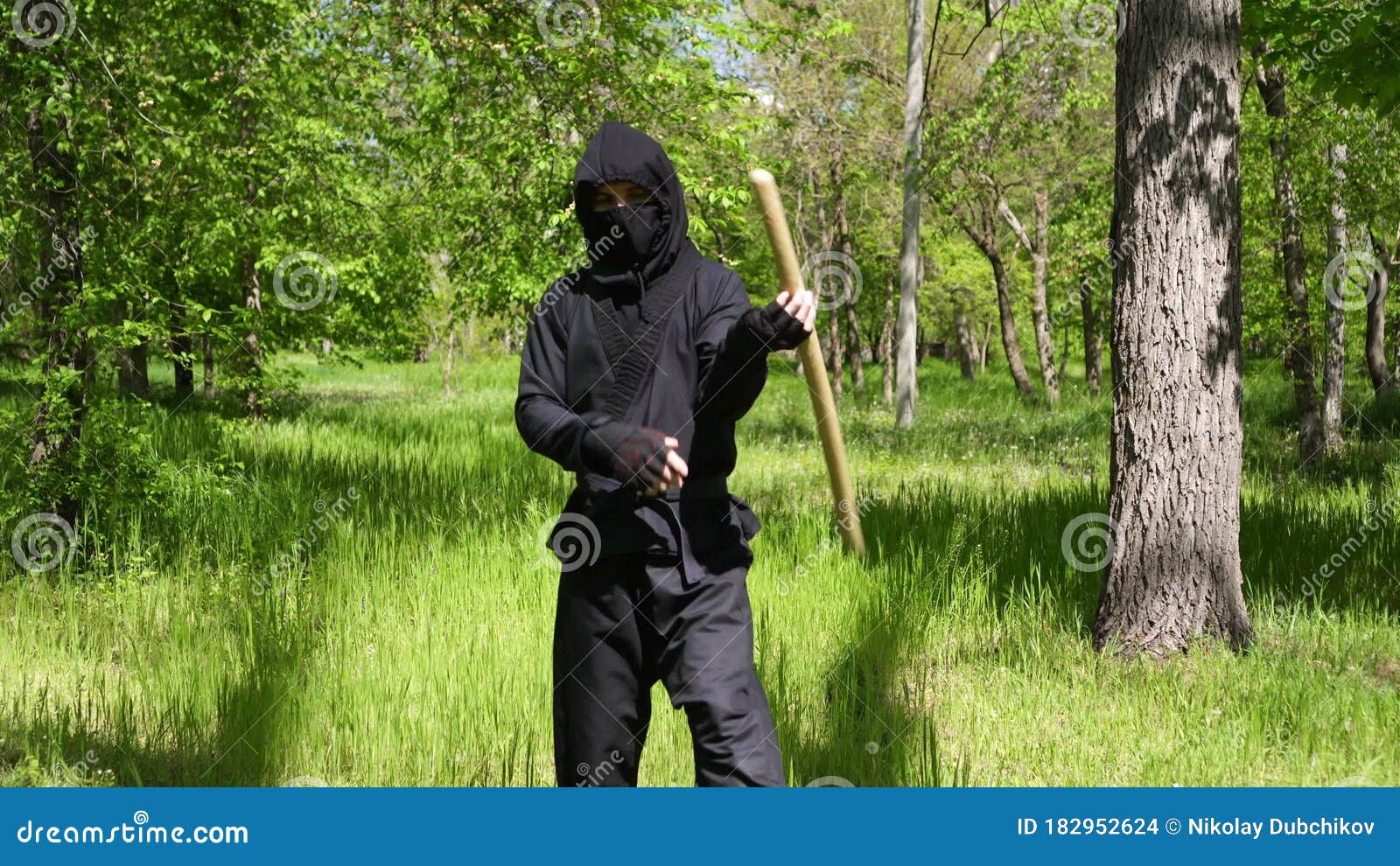 Japanese Ninja is Training with a Wooden Stick with a Baton Stock ...