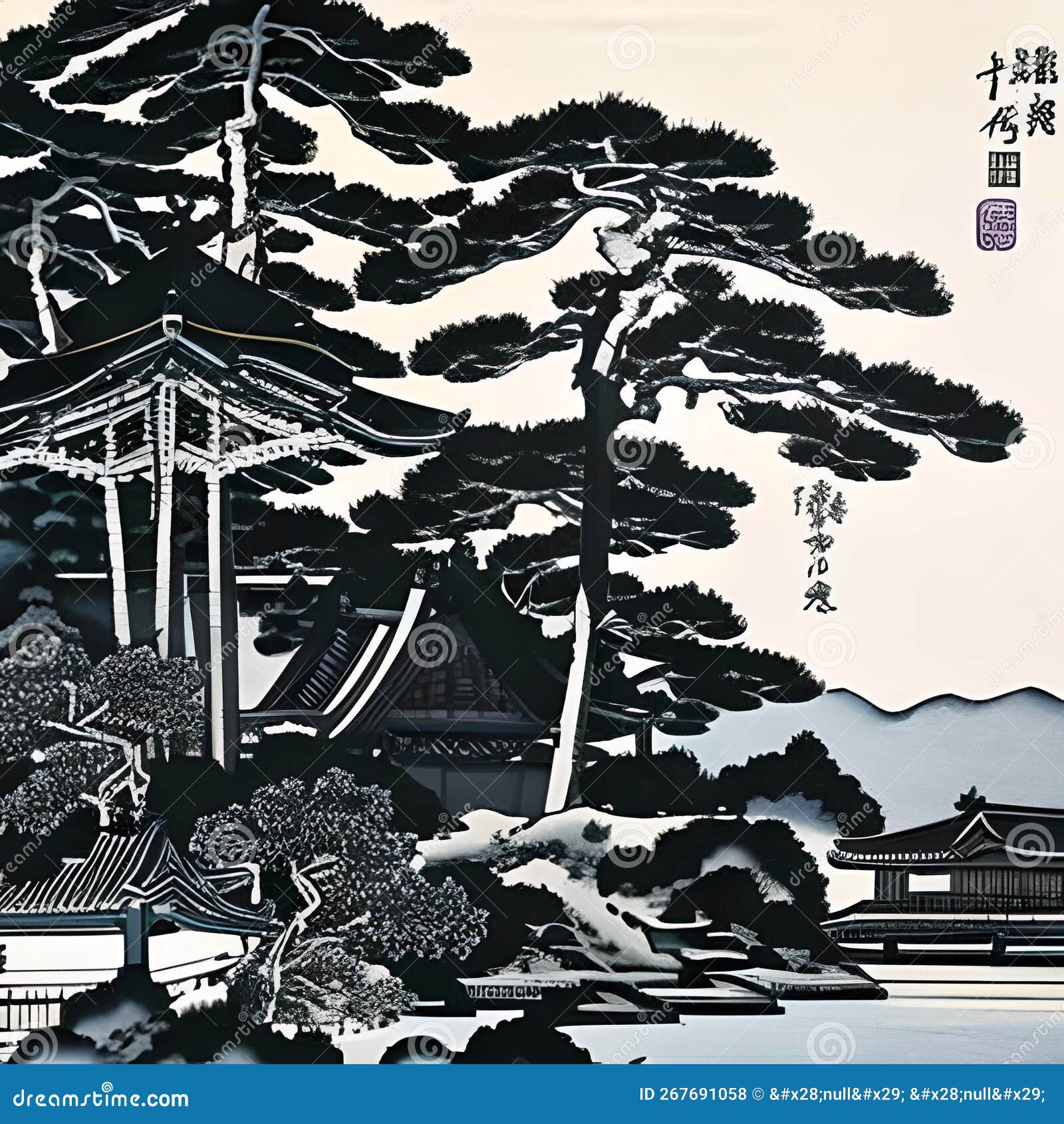 Japanese Painting Style Black and White Line Drawing Scroll Stock ...