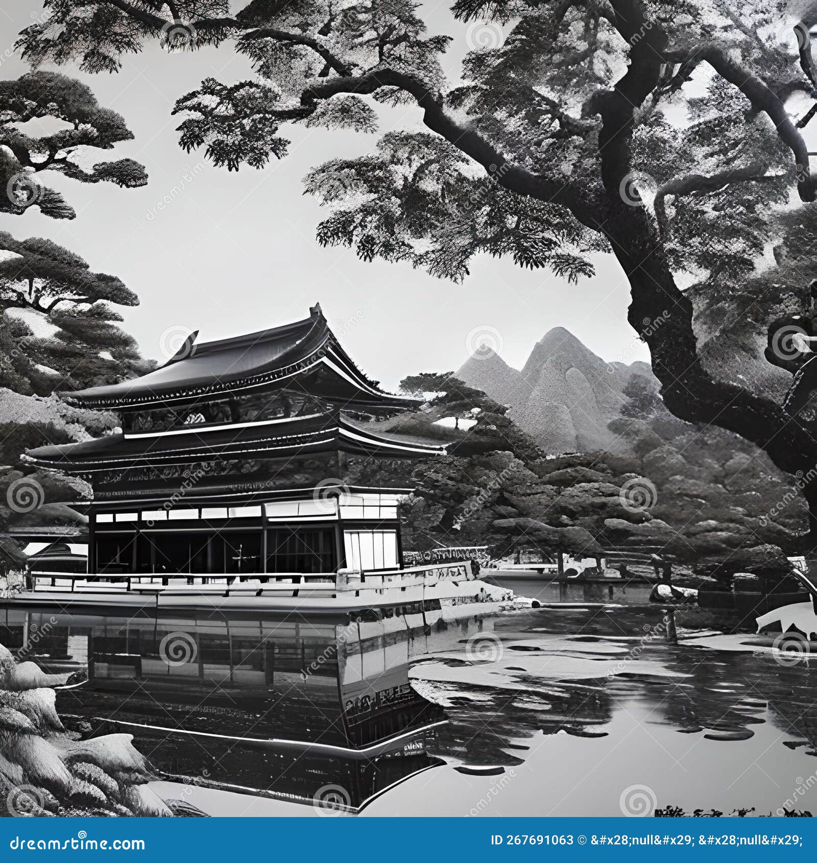 Japanese Painting Style Black and White Line Drawing Scroll Stock ...