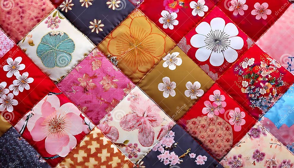 Japanese Patchwork Pattern with Cherry Blossoms, Vibrant, Traditional, Decorative, Elegant Stock ...