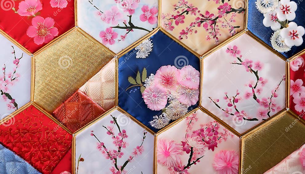 Japanese Patchwork Pattern with Cherry Blossoms, Vibrant, Traditional, Decorative, Elegant Stock ...