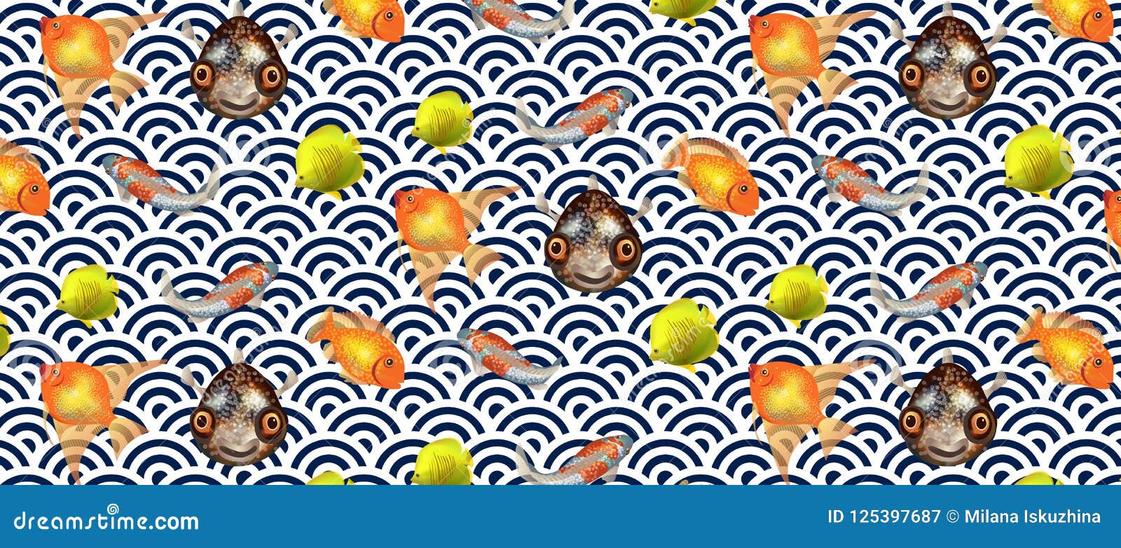 Japanese Pattern with Different Types of Fish, Colorful, with Bright ...