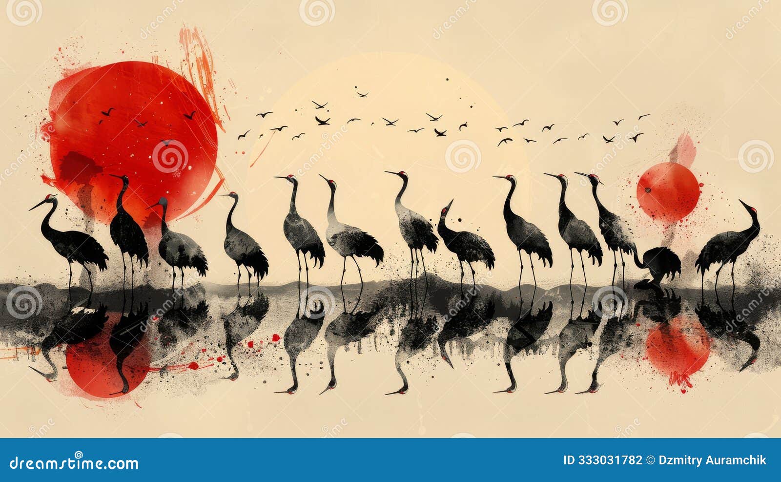 Japanese Pattern Modern Crane Birds on Geometric Background with Hand ...