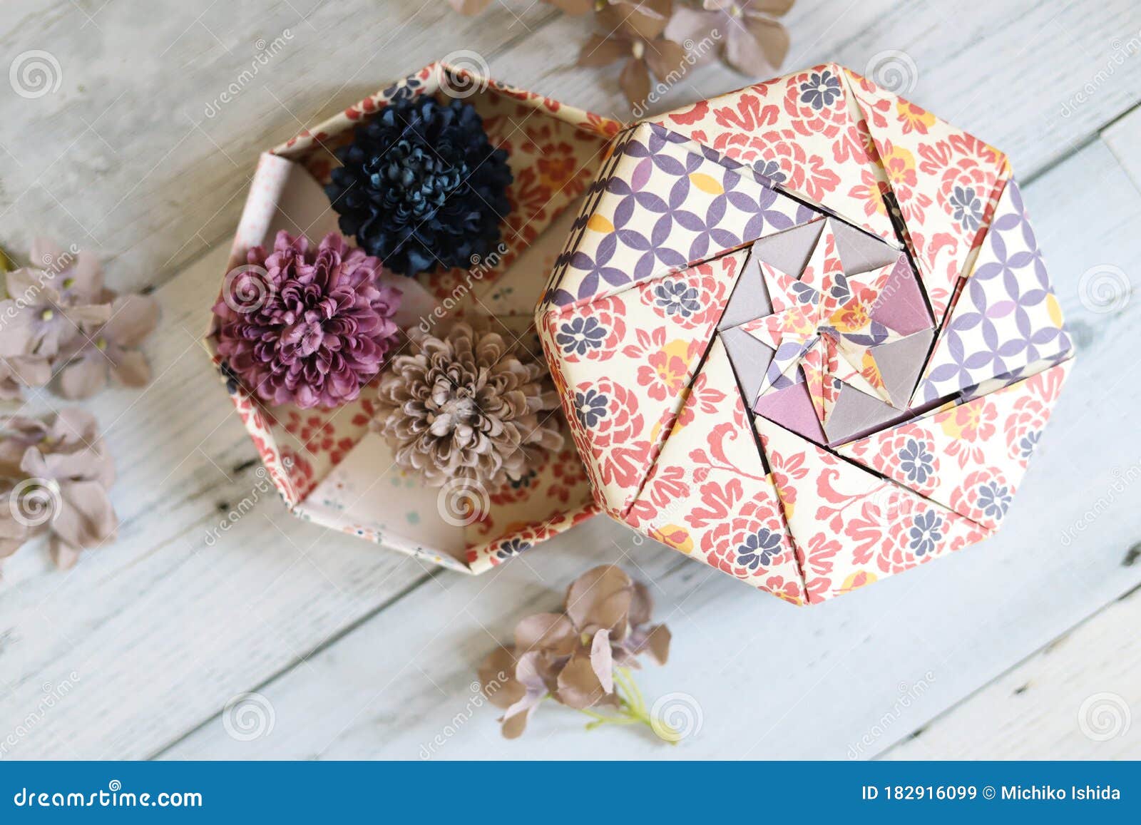 Japanese Patterned Chic Hexagonal Origami Box with Lid Stock Image ...