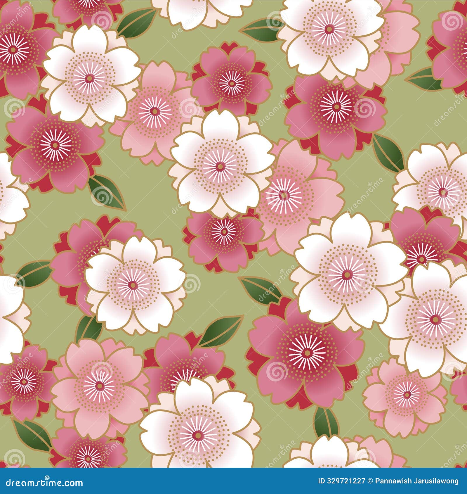 Japanese Pink Cherry Blossom Leaf Vector Seamless Pattern Stock ...