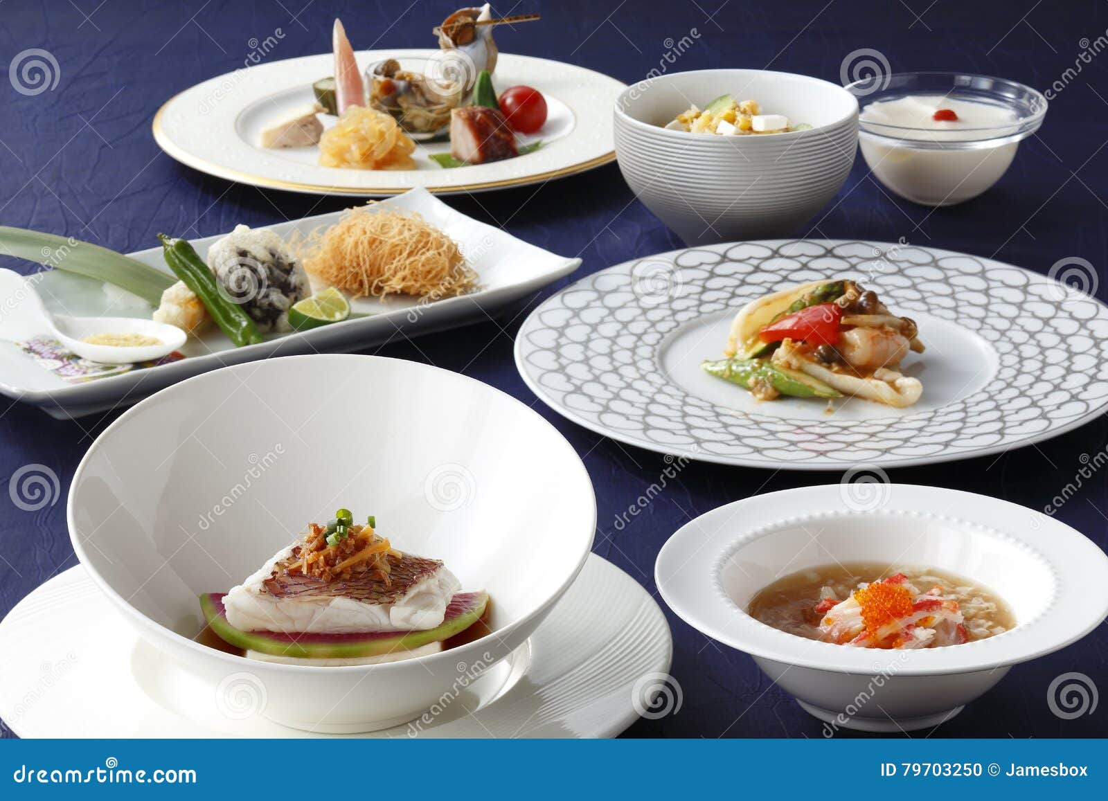Japanese Platters of Fresh Seafood, Cod, Soup and Sushi Stock Photo ...