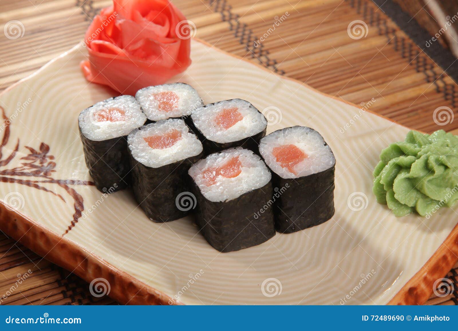 Japanese Roll with Wasabi Sauce on Plate Stock Photo - Image of drink ...