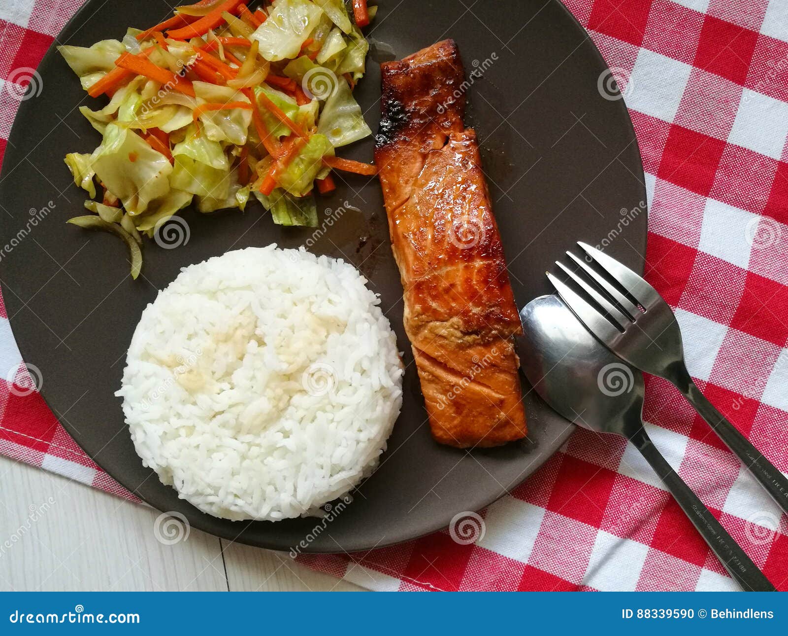 Japanese Salmon Teriyaki with Rice. Stock Photo - Image of brown, bento ...