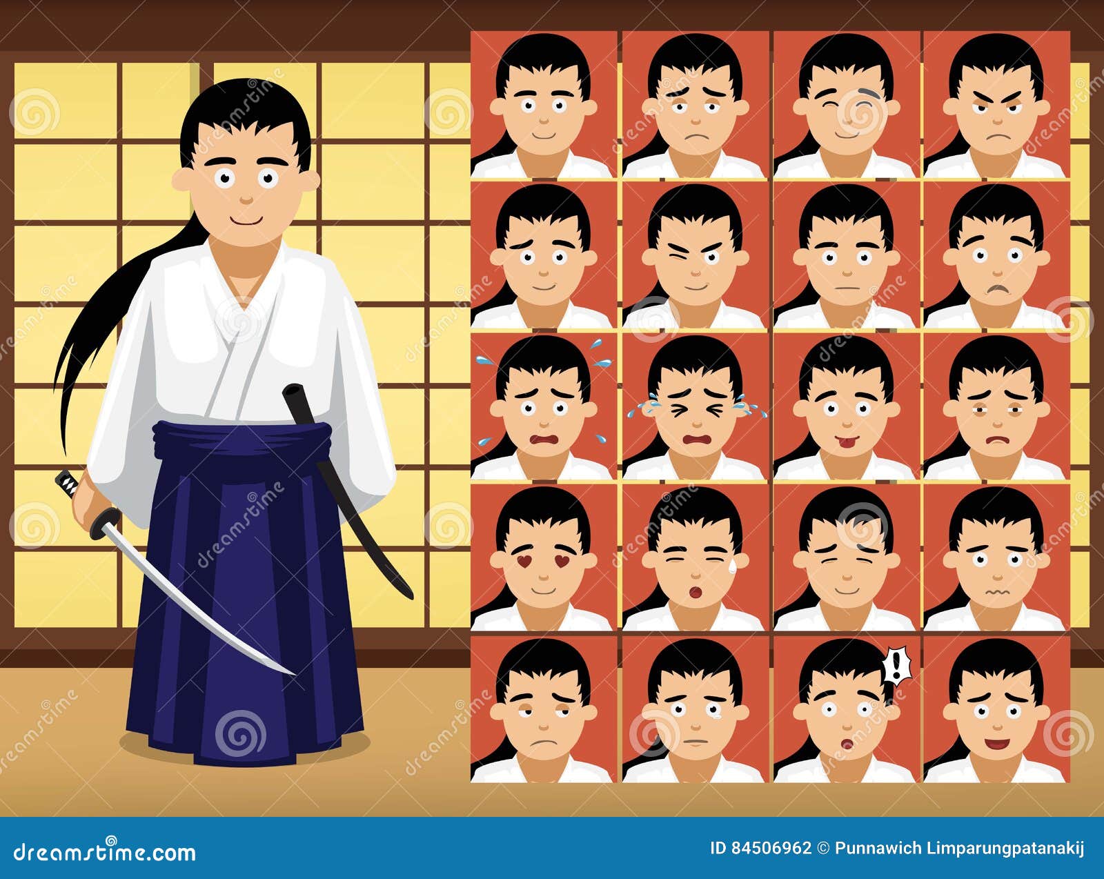 Japanese Samurai Cartoon Emotion Faces Vector Illustration Stock Vector ...