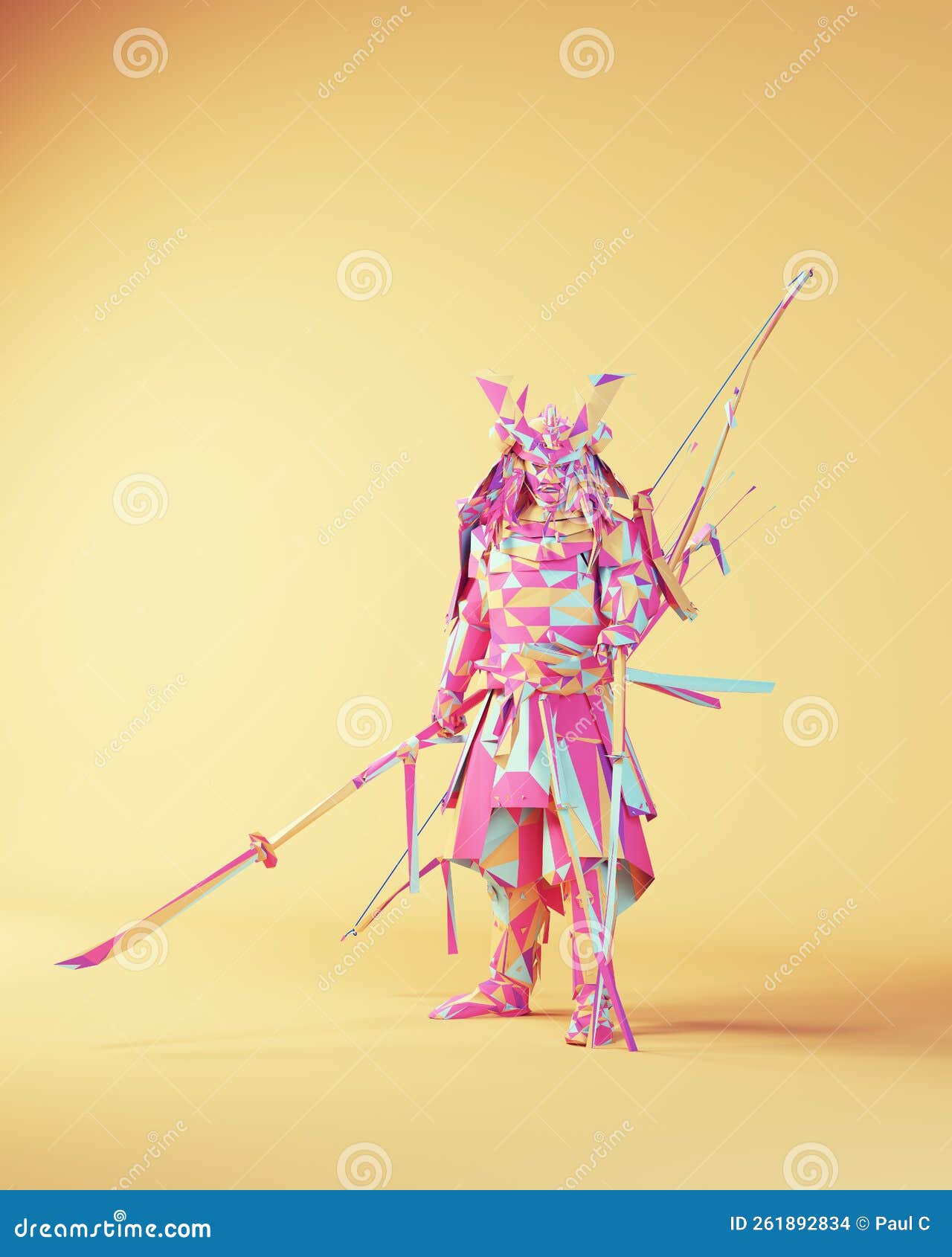 Japanese Samurai Pink Blue Warrior Polygon Triangles Armour Front View ...