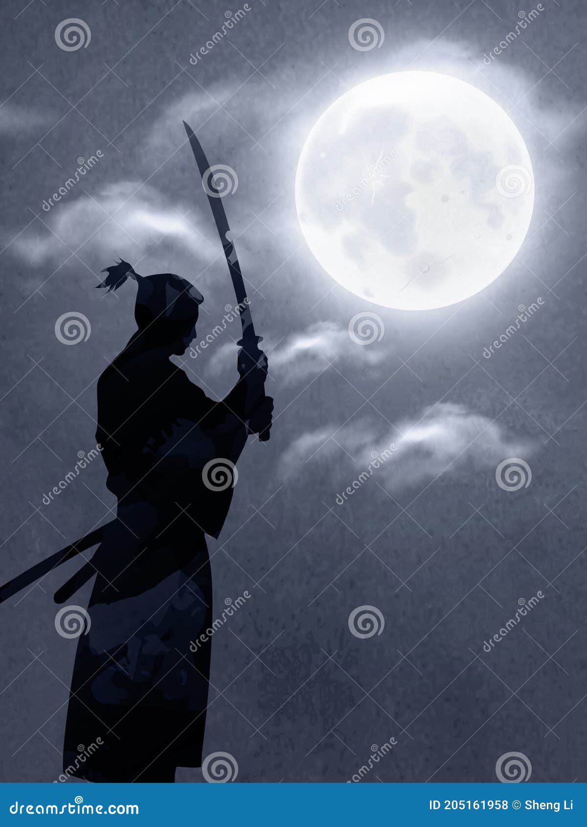 A Japanese Samurai Under the Moonlight Stock Vector - Illustration of ...