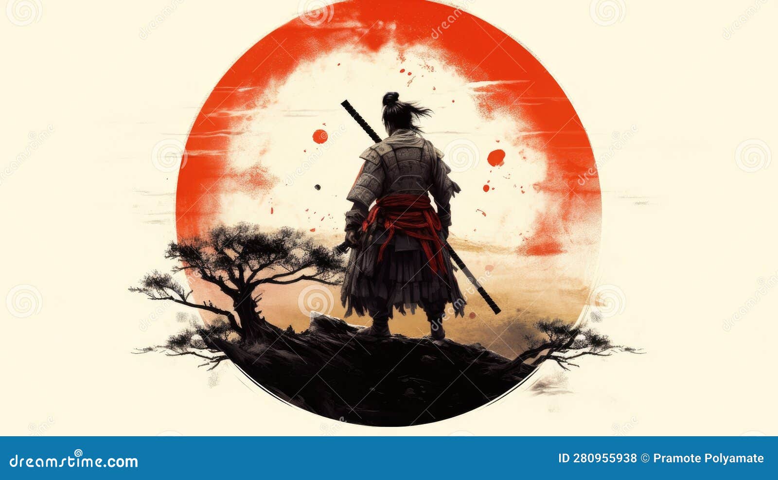 A Japanese Samurai Warrior in Circle with a Red Sun. Japanese Samurai ...