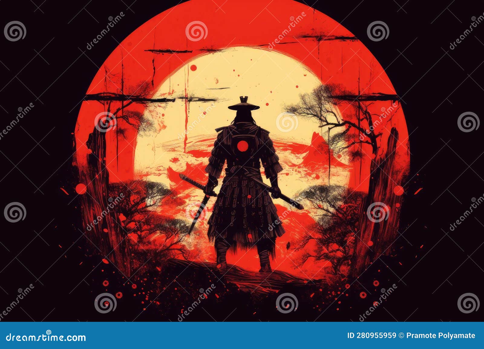 A Japanese Samurai Warrior in Circle with a Red Sun. Japanese Samurai ...