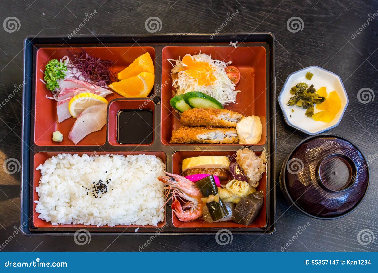 Japanese Seafood Bento and Miso Soup Stock Image - Image of cucumber ...