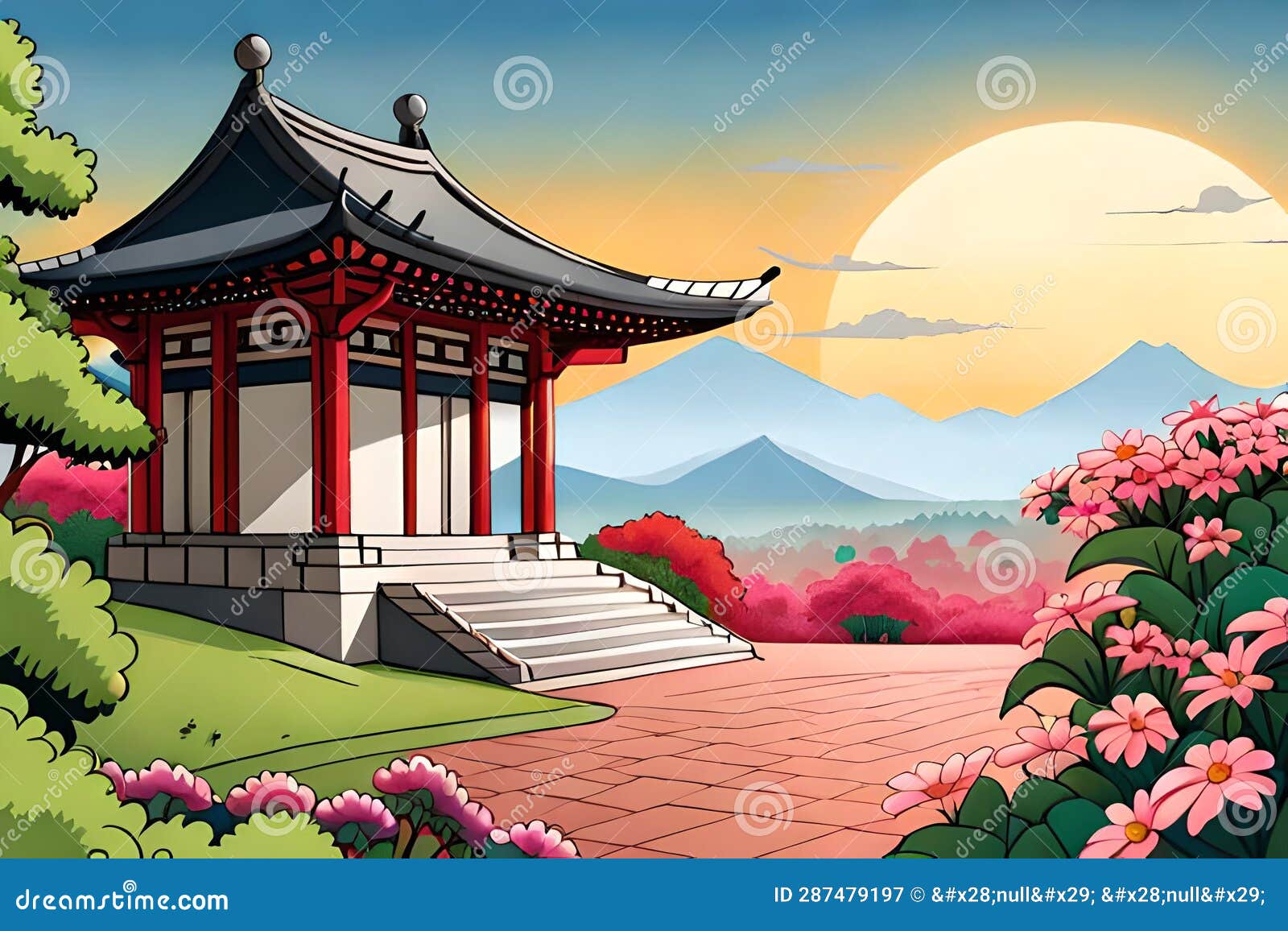 Japanese Semi-e Style Temple Scroll Art Stock Illustration ...