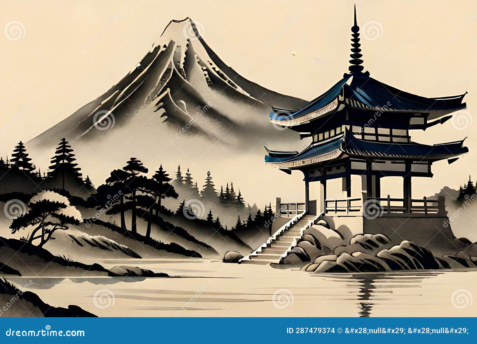 Japanese Semi-e Style Temple Scroll Art Stock Illustration ...