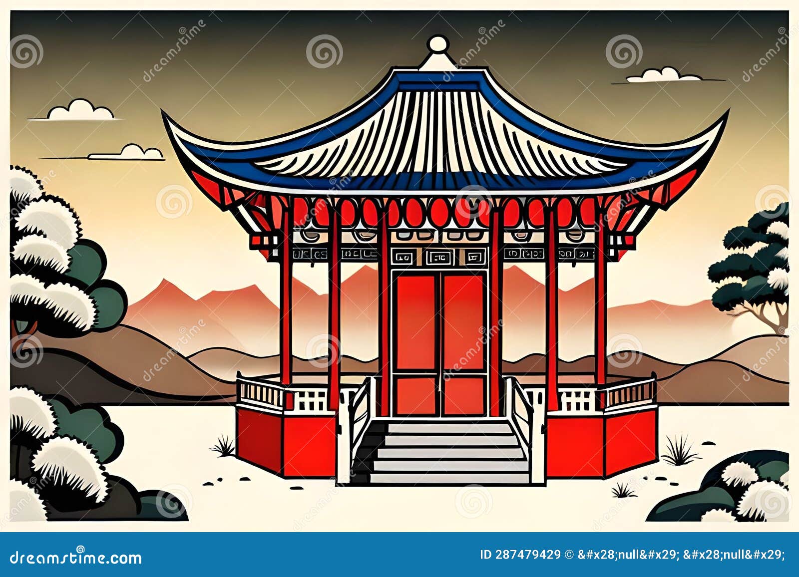 Japanese Semi-e Style Temple Scroll Art Stock Illustration ...