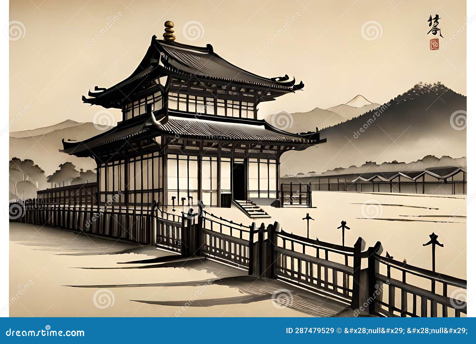 Japanese Semi-e Style Temple Scroll Art Stock Illustration ...