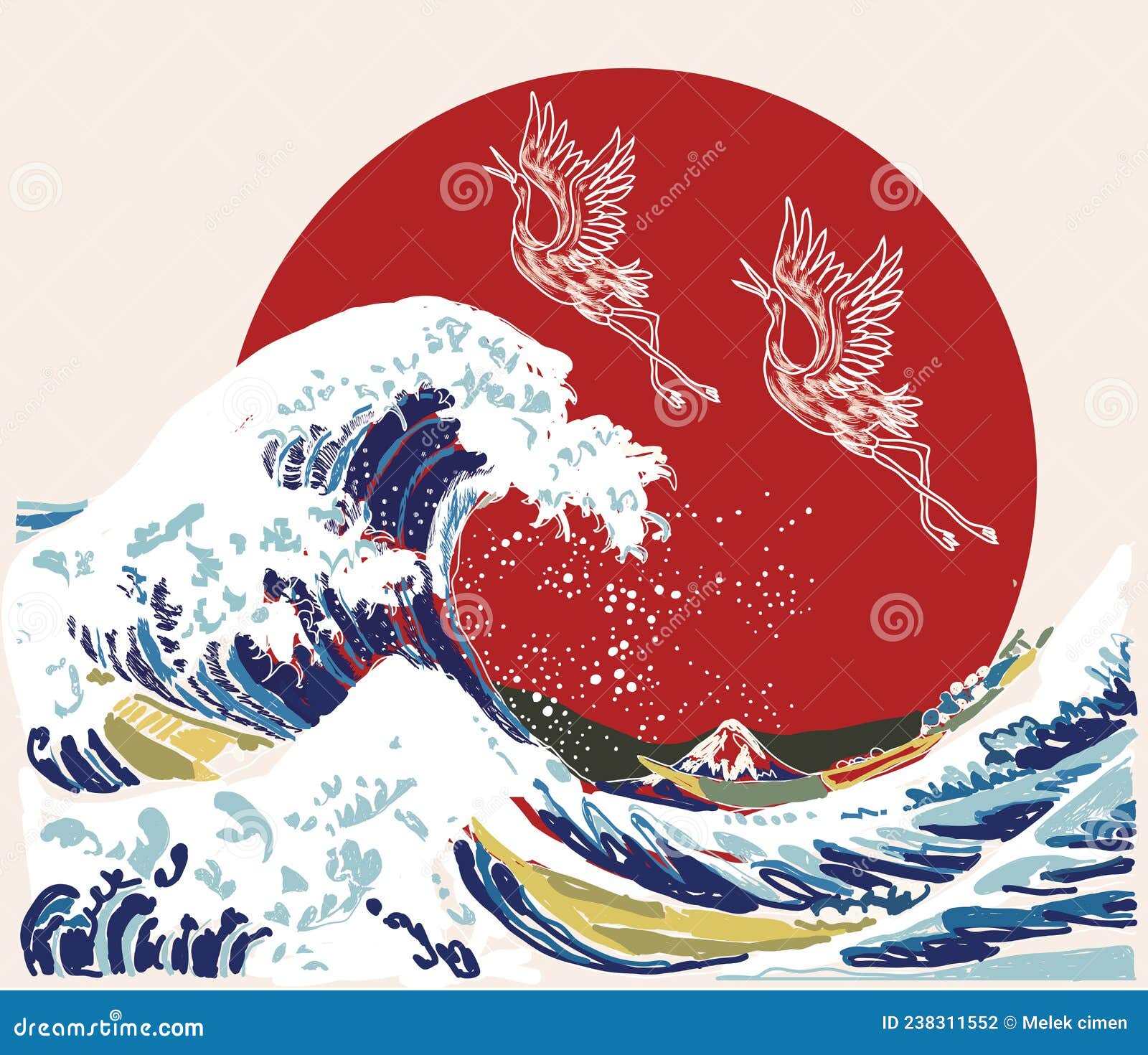 Japanese Style Background Vector. Storks and Wave Hand Drawing Vector ...