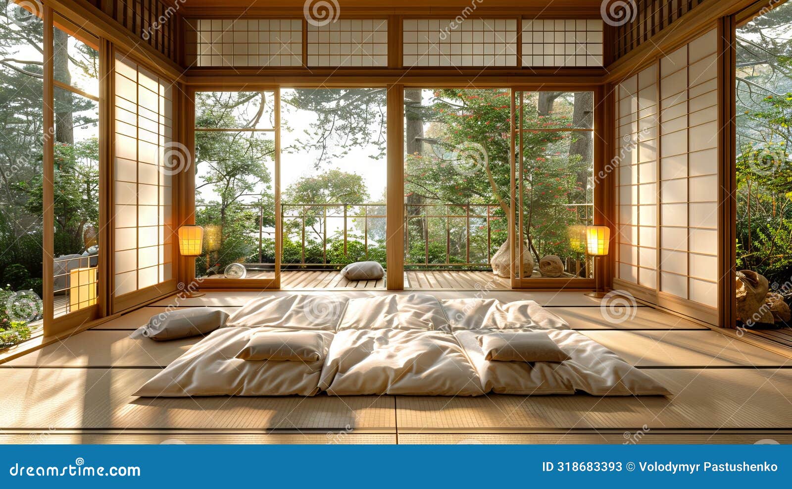 A Japanese Style Bedroom with Large Windows Stock Image - Image of ...