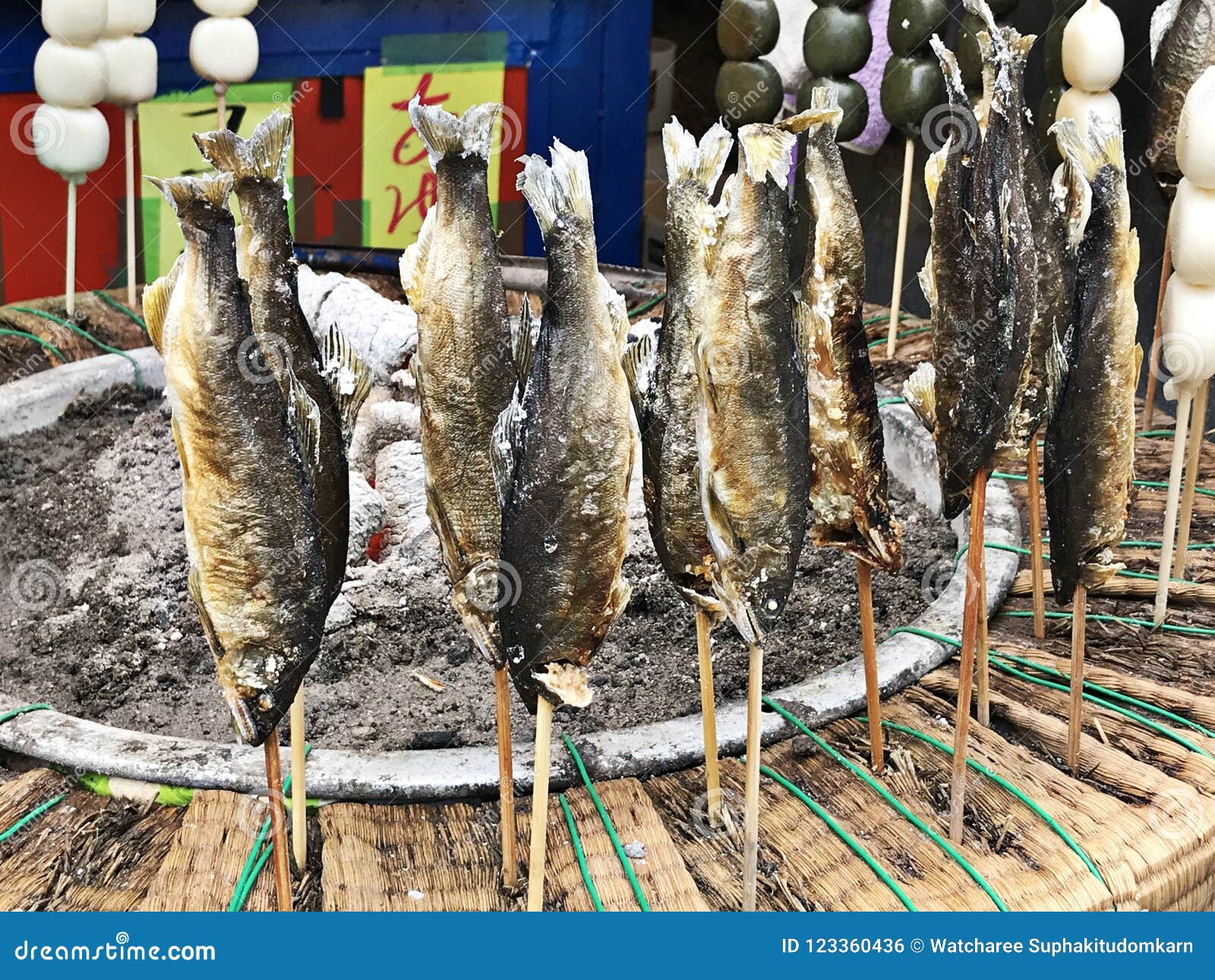 Japanese Style Grilled Fish and Dango. Stock Photo - Image of ...