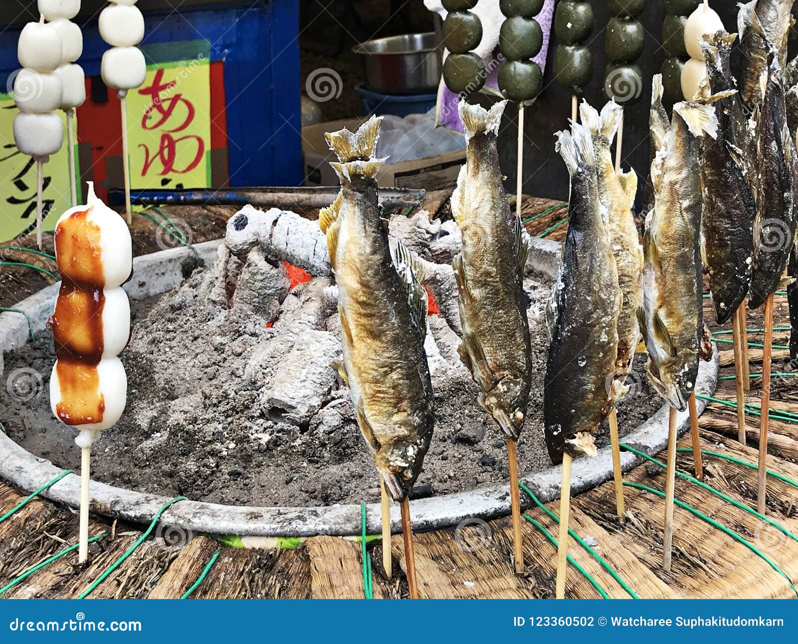 Japanese Style Grilled Fish and Dango. Stock Photo - Image of dumpling ...