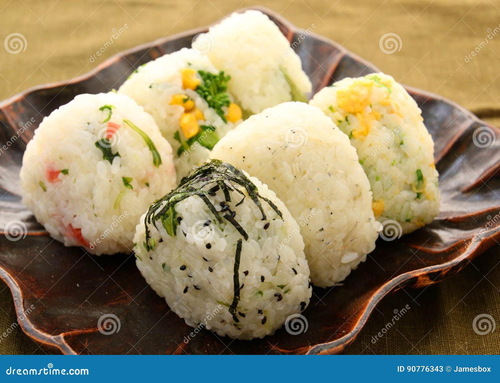 Japanese Style of Rice Onigiri on Black Platter Stock Image - Image of ...