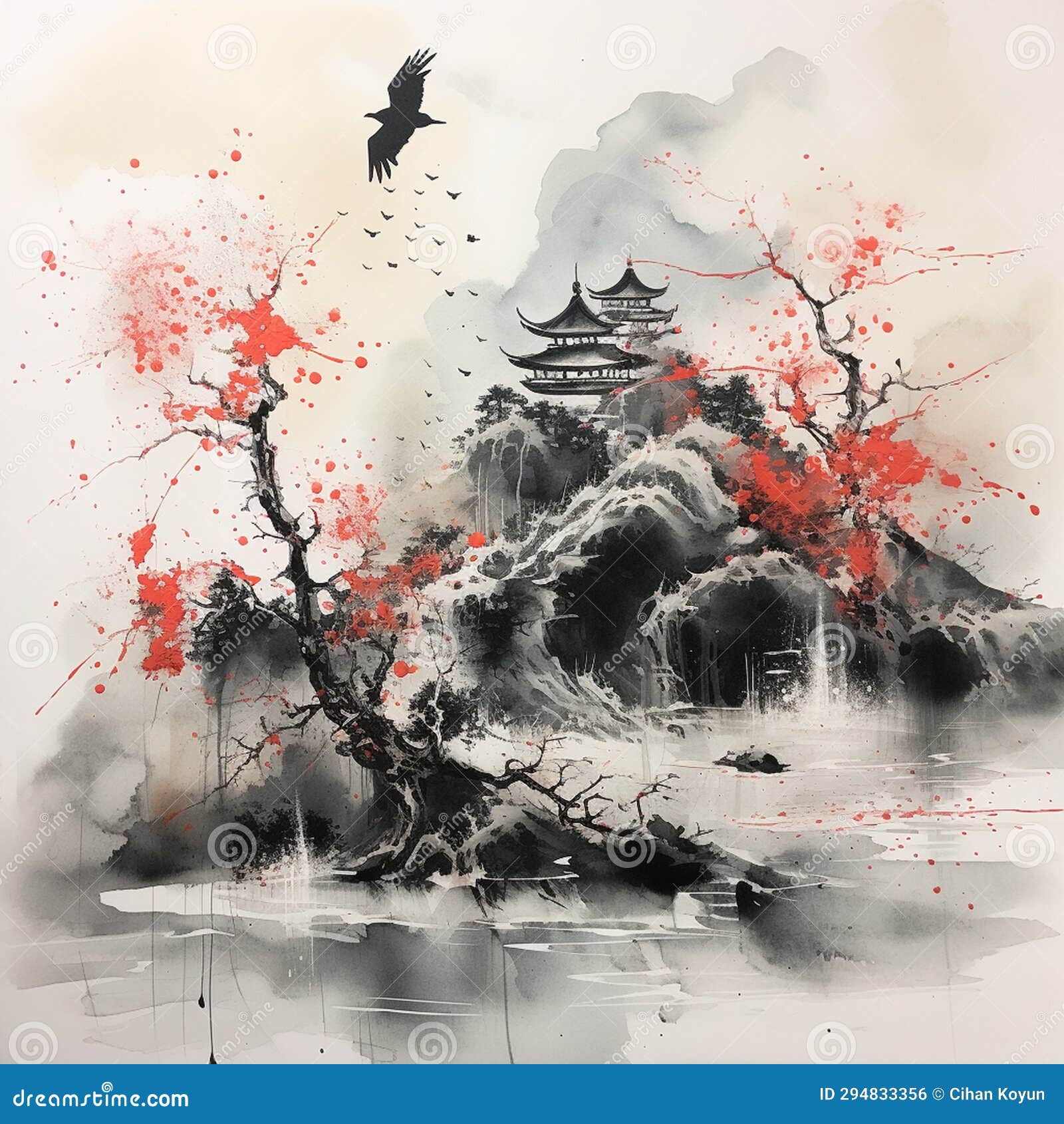 Japanese Sumi-e Bird Painting Stock Illustration - Illustration of ...