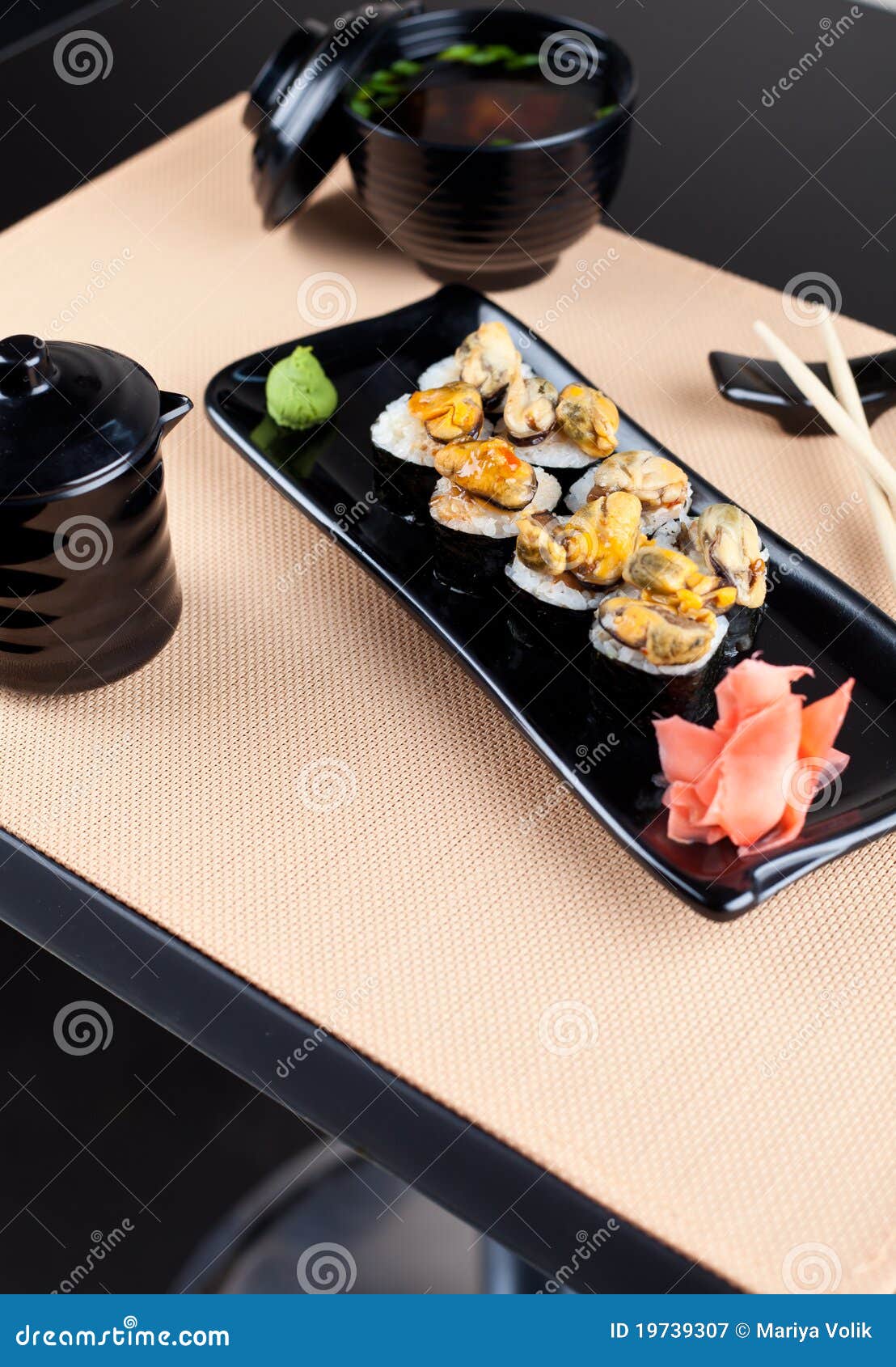 Japanese Table Place Setting with Roll Stock Image - Image of mussel ...
