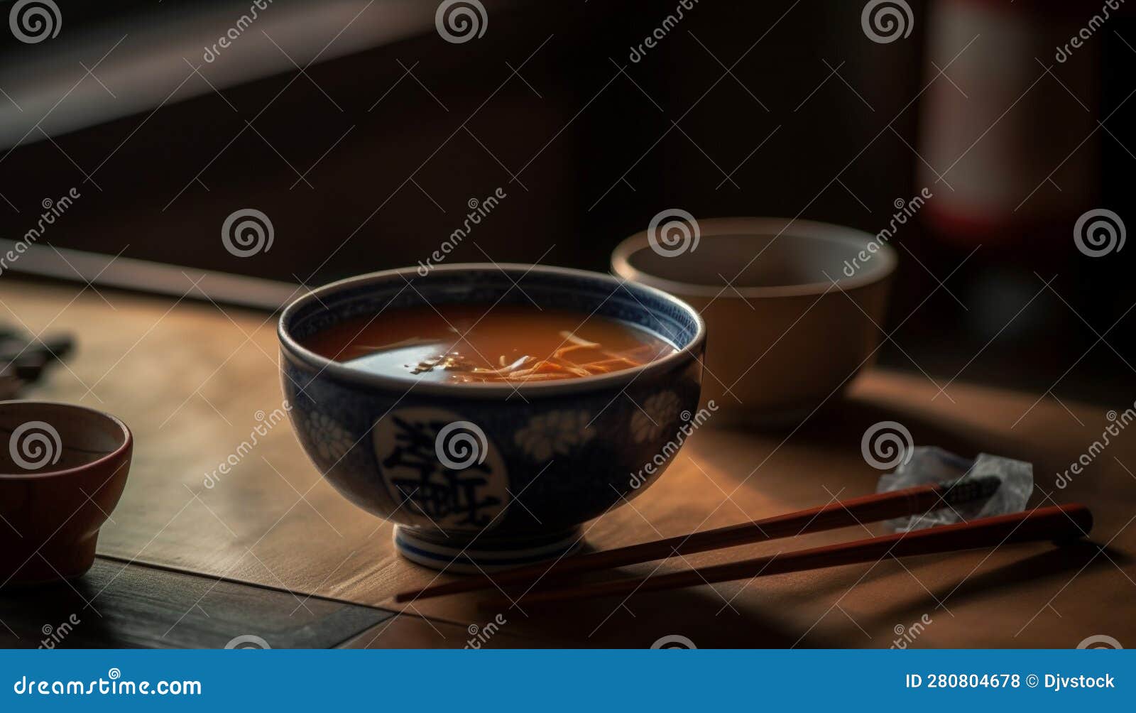 Japanese Table Setting with Hot Tea and Fresh Food Bowl Generated by AI ...