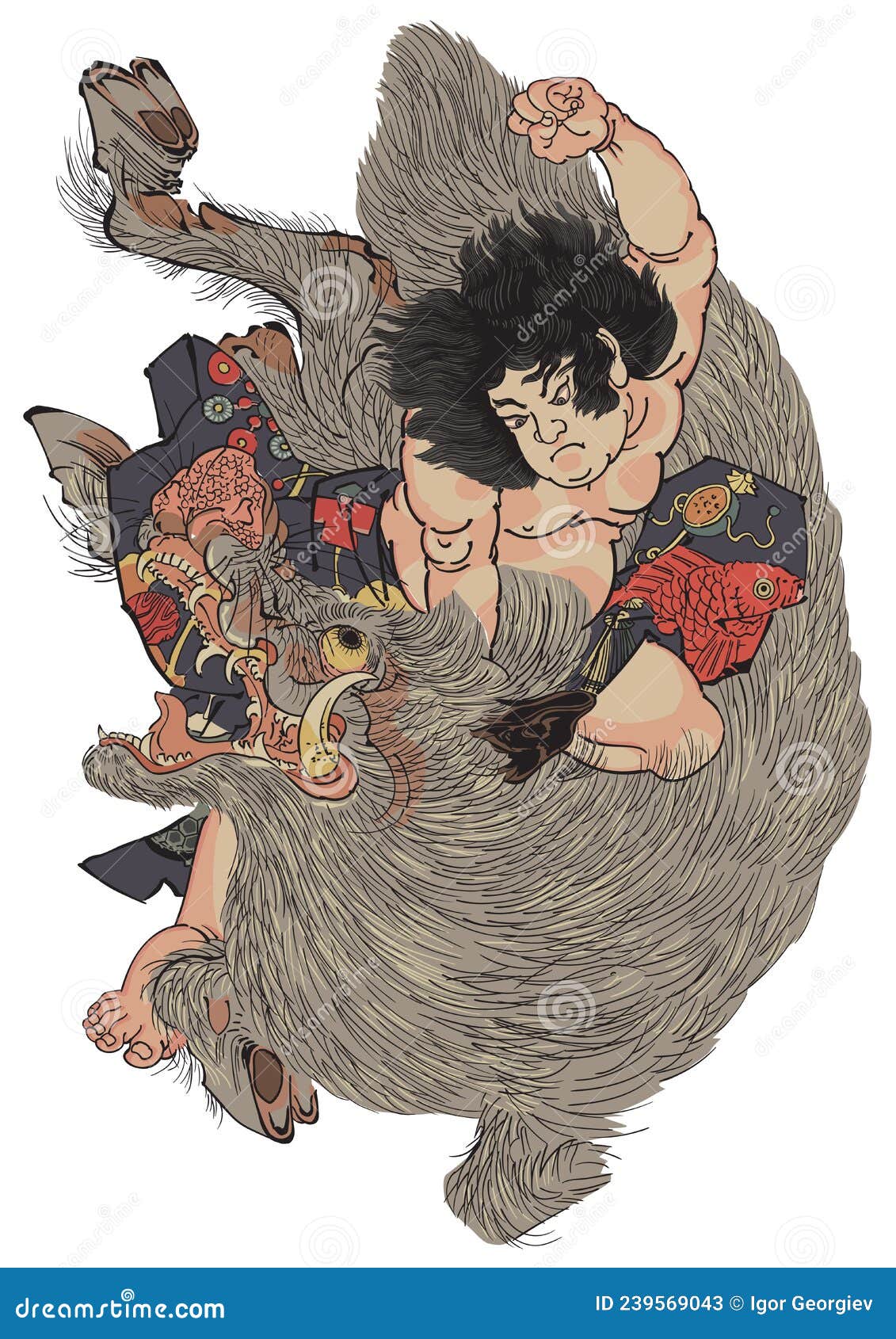 Japanese Warrior Fight with Wild Hog Tattoo. Set of Labels and Elements ...