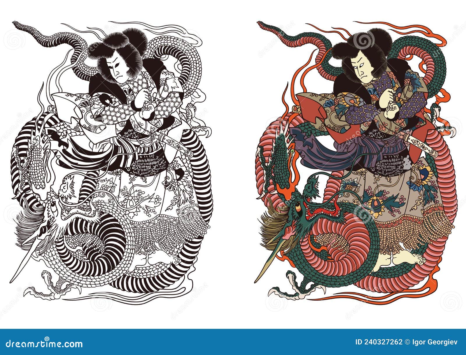 Traditional Japanese Warrior Fight with Dragon Tattoo Flash Set. Vector ...