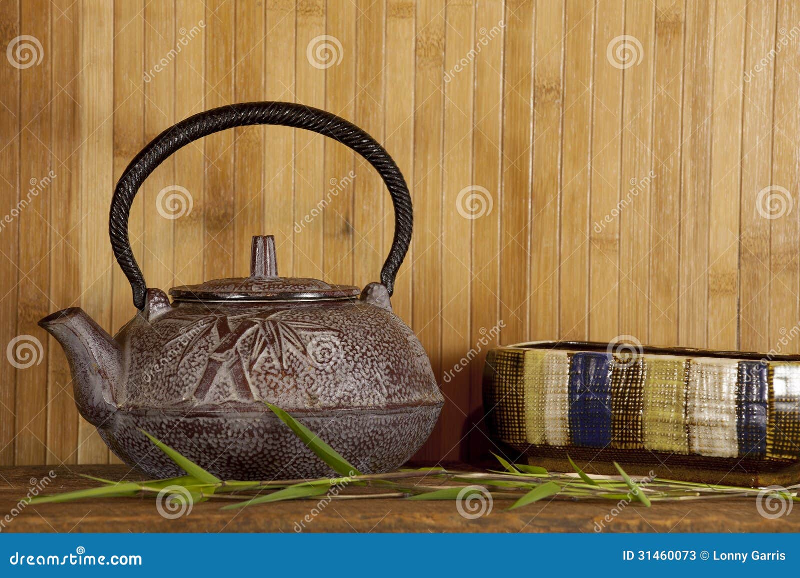 Japanese Tea Pot and Bamboo Background. Stock Image - Image of leaf ...