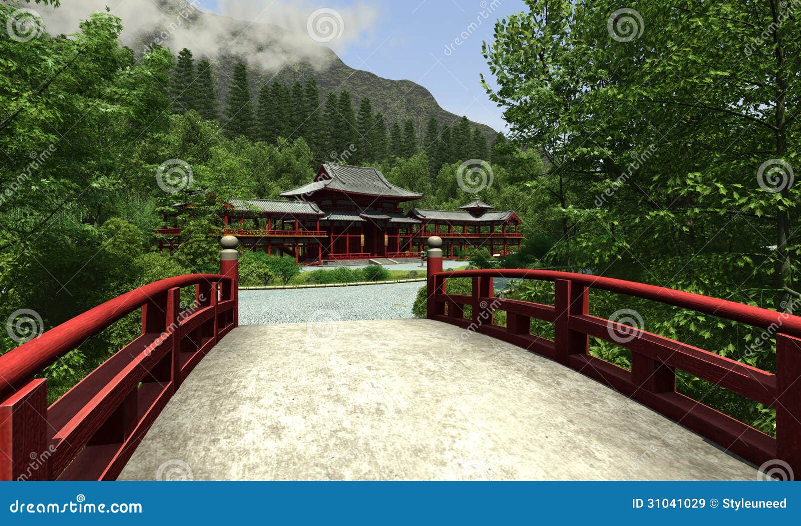 Japanese temple and bridge stock illustration. Illustration of concrete ...