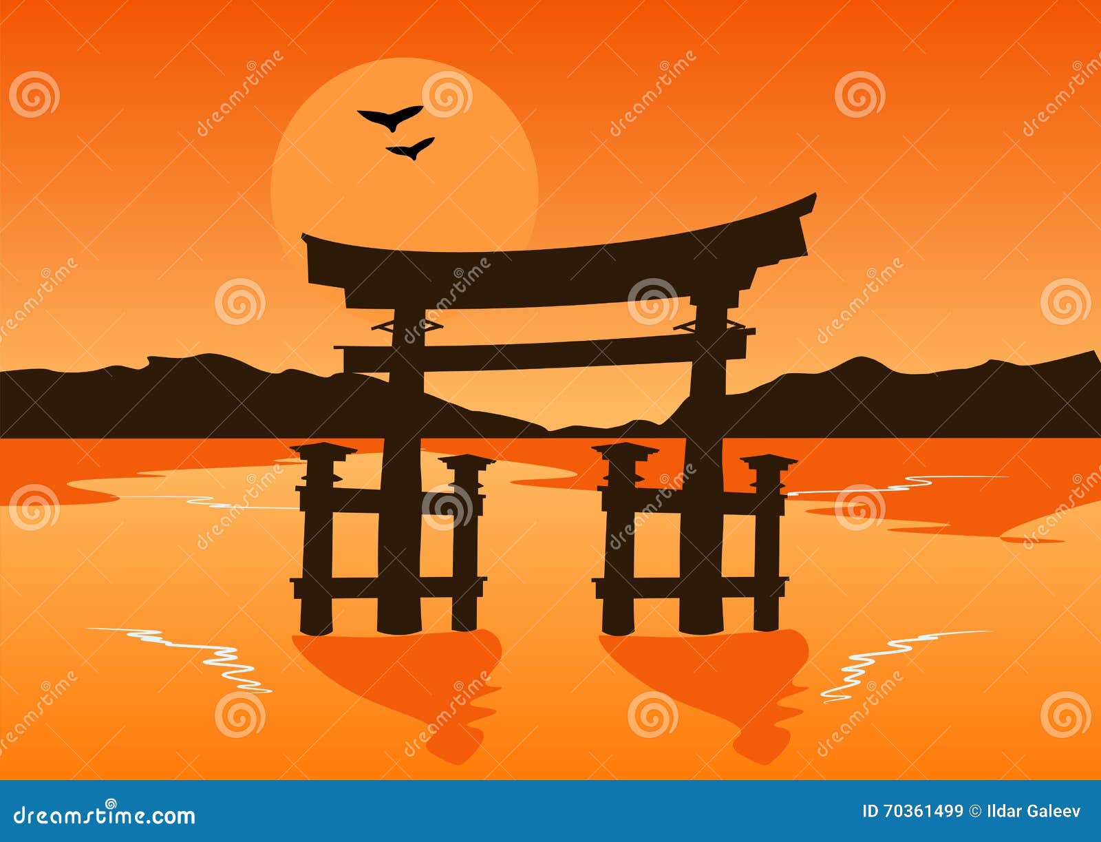 Japanese Temple Gate Silhouette On Lake At Sunset Cartoon Vector ...