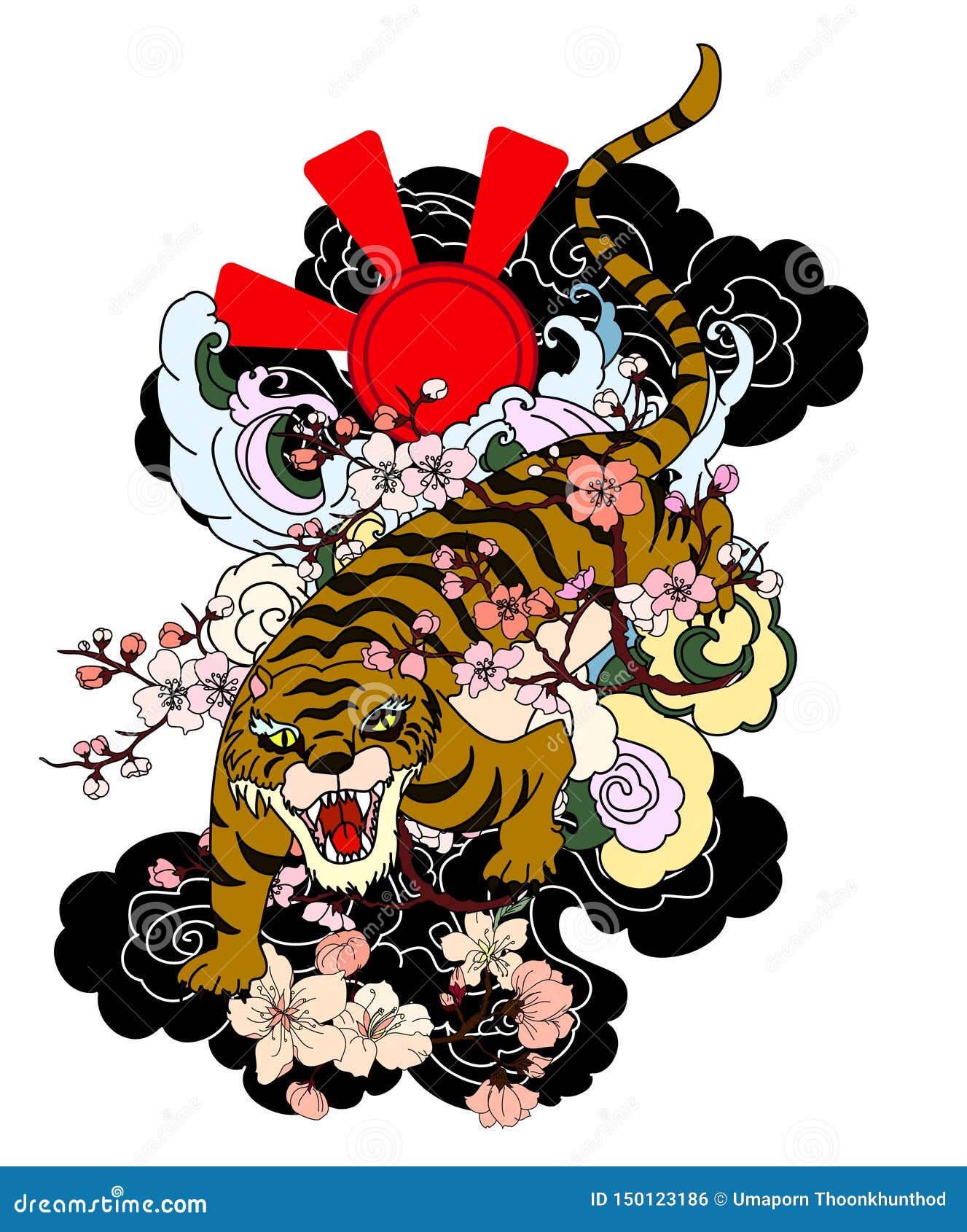 Japanese Tiger with Sun Vector on Background. Stock Vector ...