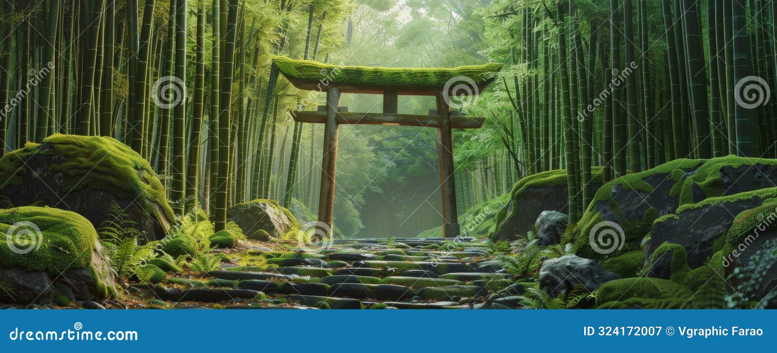 Japanese Torii Gate in Bamboo Forest with Moss-covered Stones Stock ...