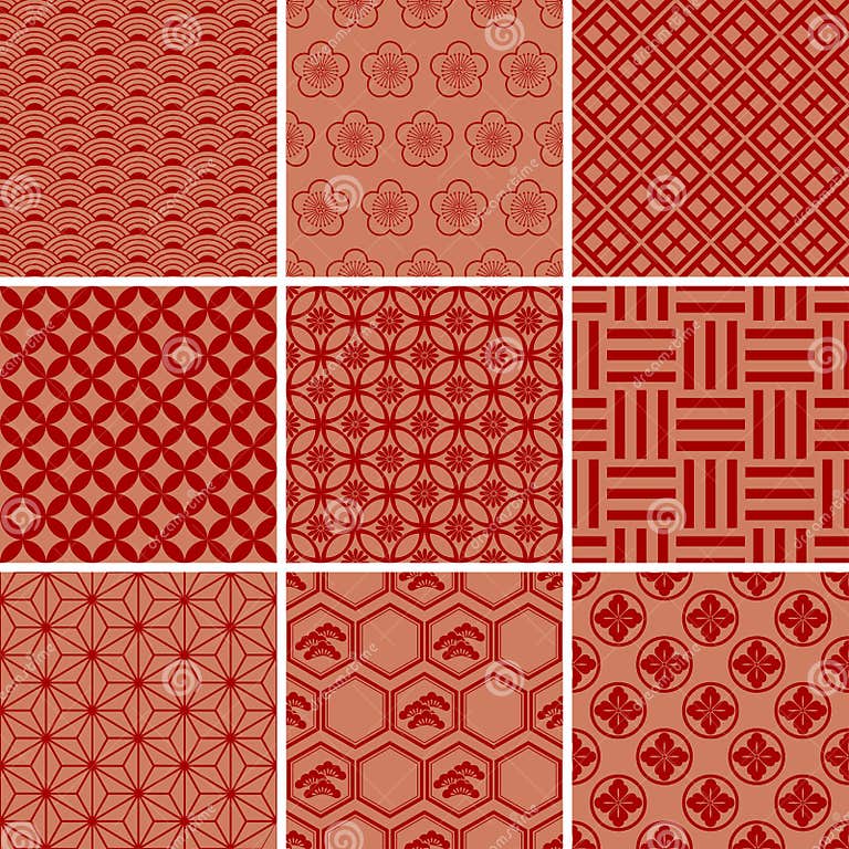 Japanese Traditional Red Pattern Set Stock Vector - Illustration of ...