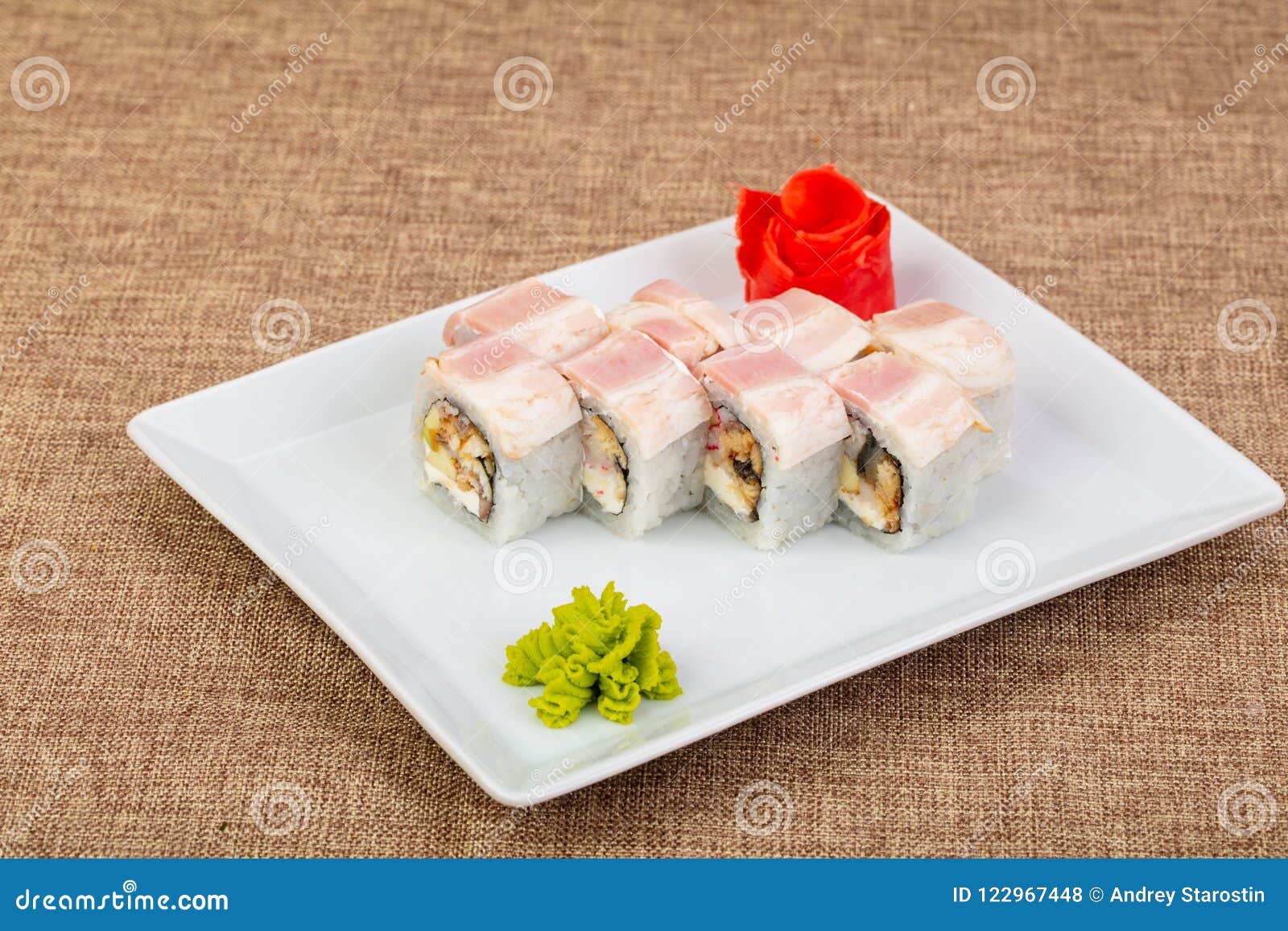 Japanese roll with bacon stock photo. Image of restaurant - 122967448