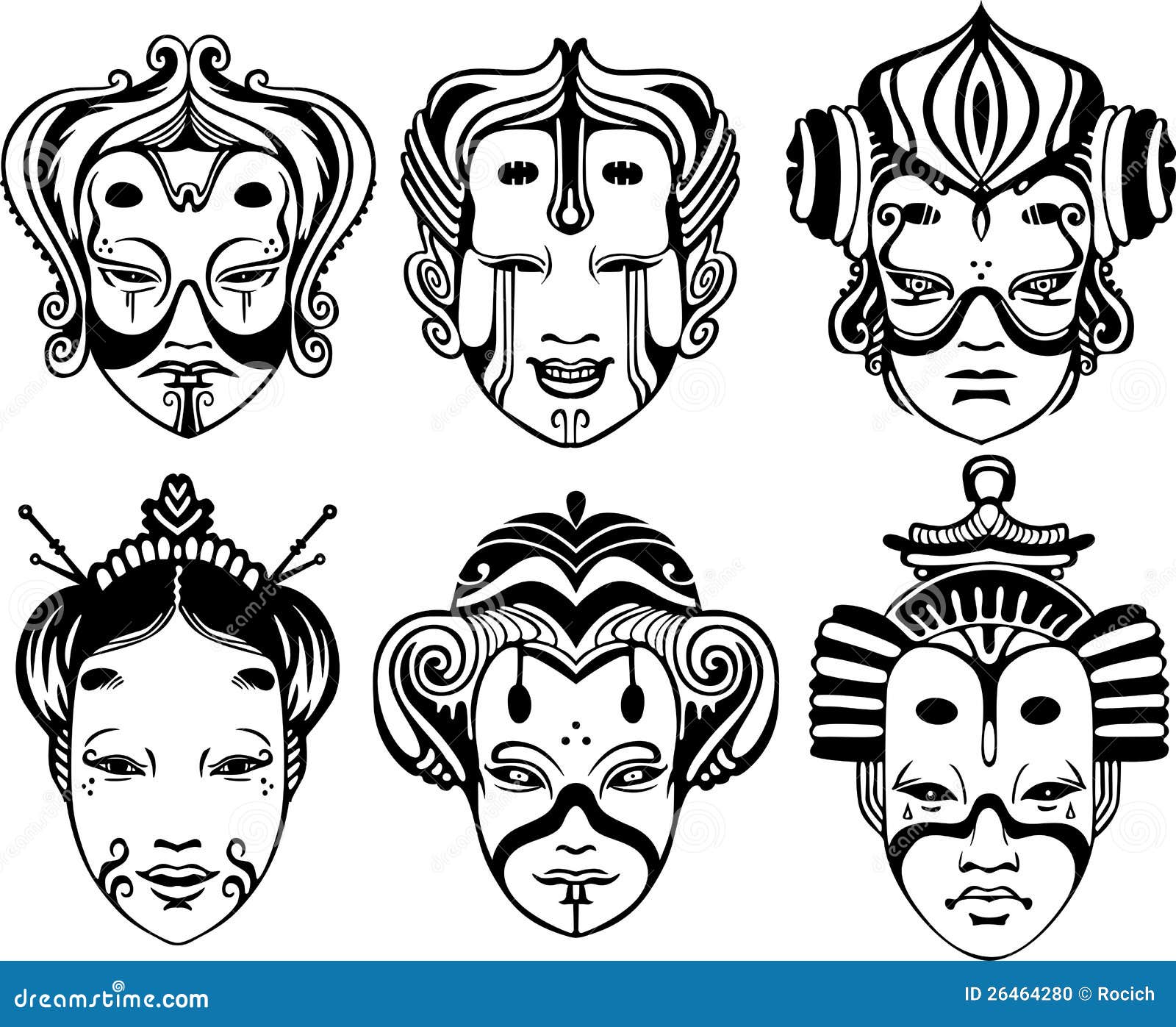 Japanese Noh Theatrical Masks Cartoon Vector | CartoonDealer.com #26464019